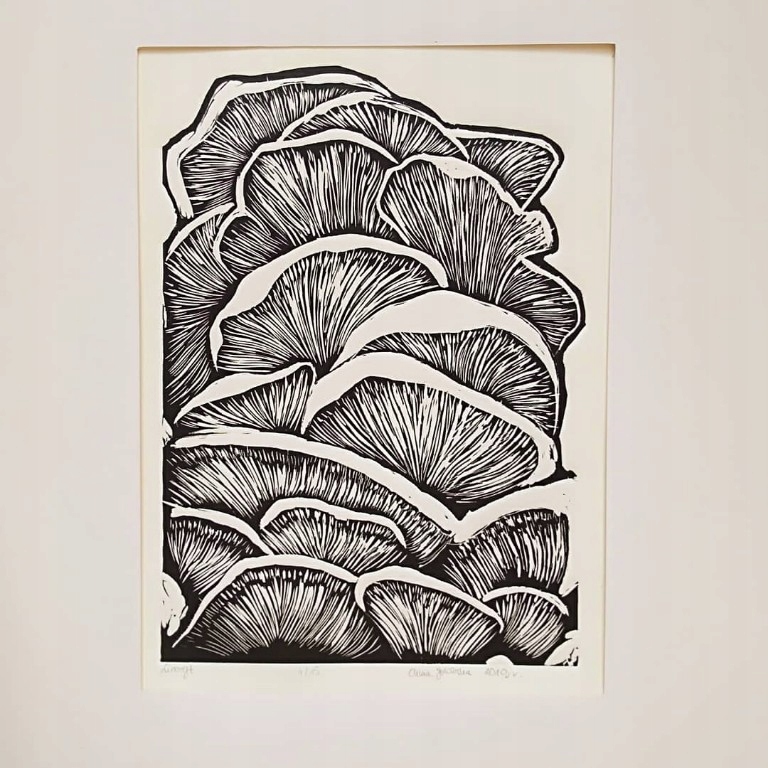 Linoryt grafika obraz grzyby czarno-biały sztuka 7842519673 - Allegro.pl