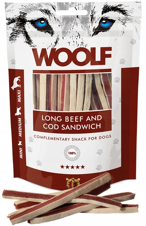 Pamlsek pro psa Woolf Long Beef&Cod Sandwich 100g za 67 Kč - Allegro