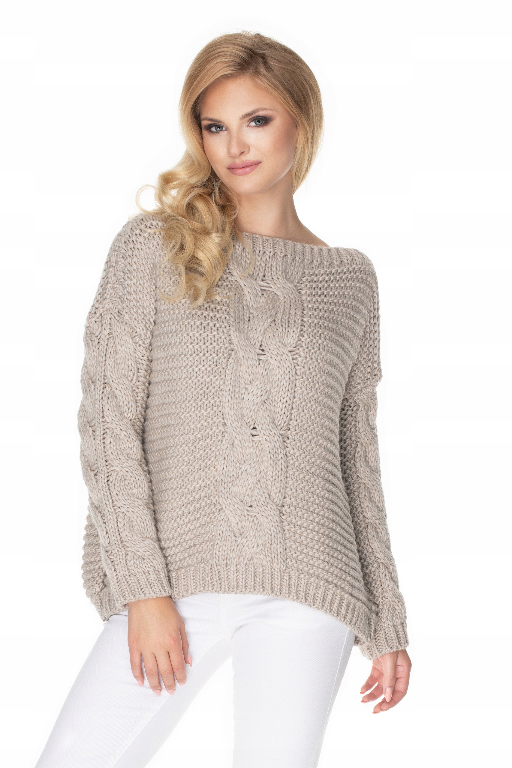 30065 OVERSIZ MIĘSISTY SWETEREK Z WARKOCZEM BEŻ (5904726005828) • Cena ...