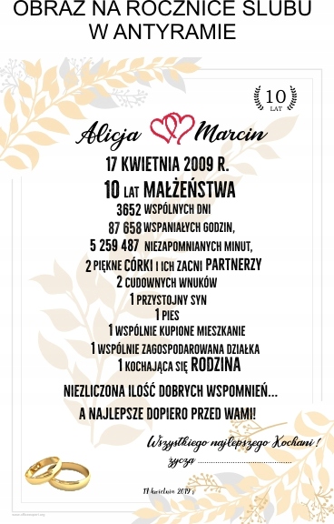 OBRAZ na rocznice PREZENT ROCZNICA SLUBU 5 10 20 jubileusz ...