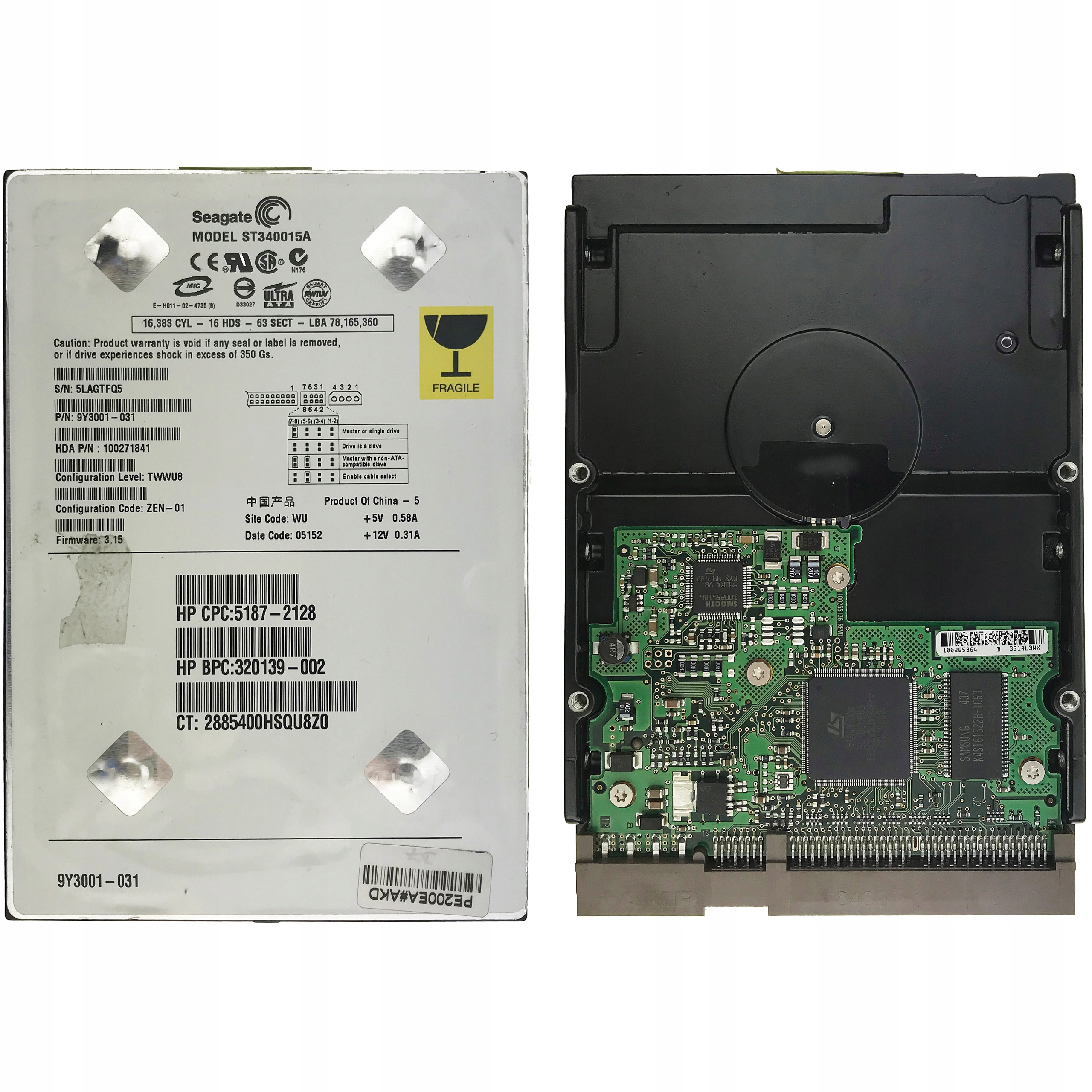 Dysk twardy Seagate ST340015A | FW 3.15 | 40GB PATA (IDE/ATA) 3,5 ...