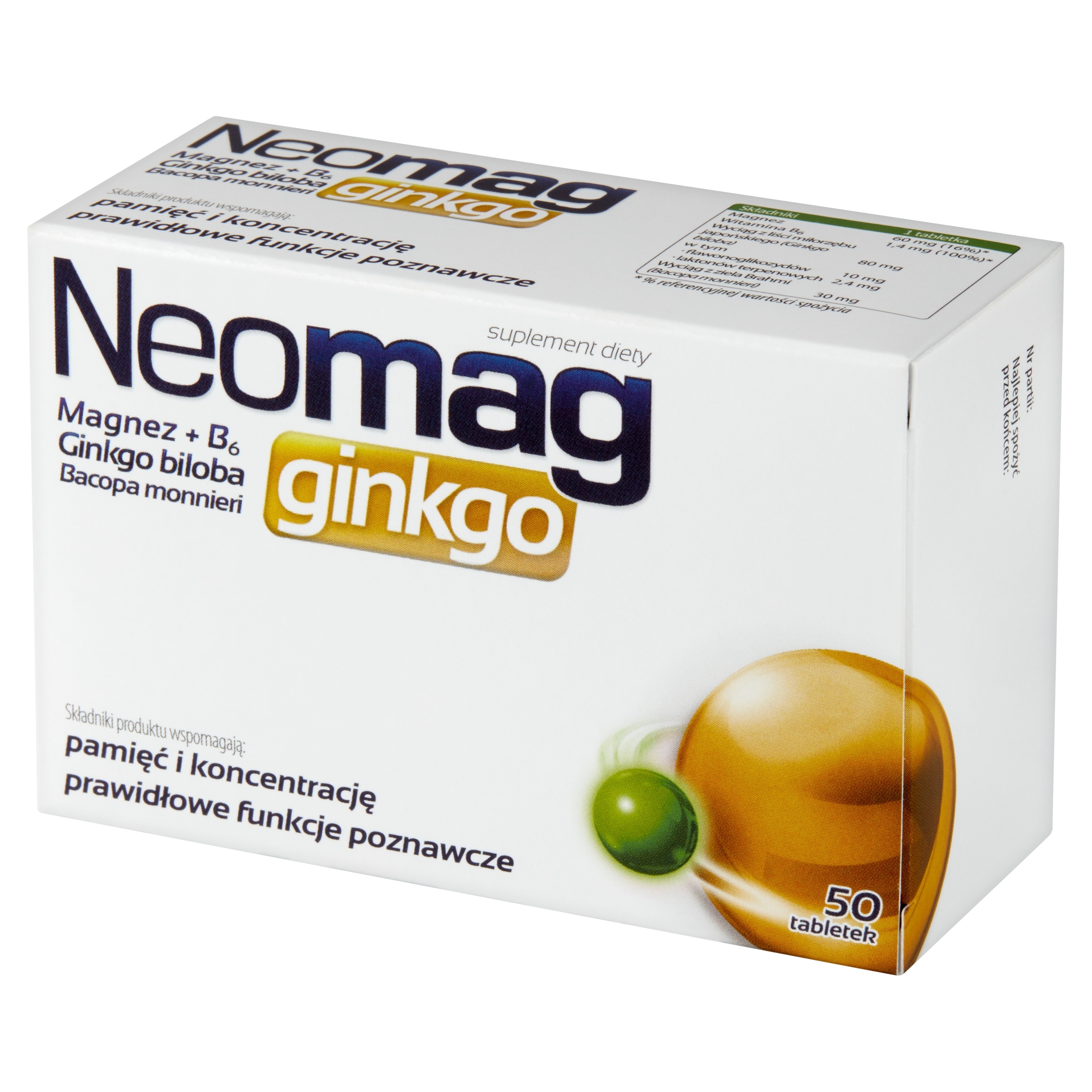 Neomag Ginkgo, magnez B6, Ginkgo biloba pamięć, koncentracja 50 tabl ...