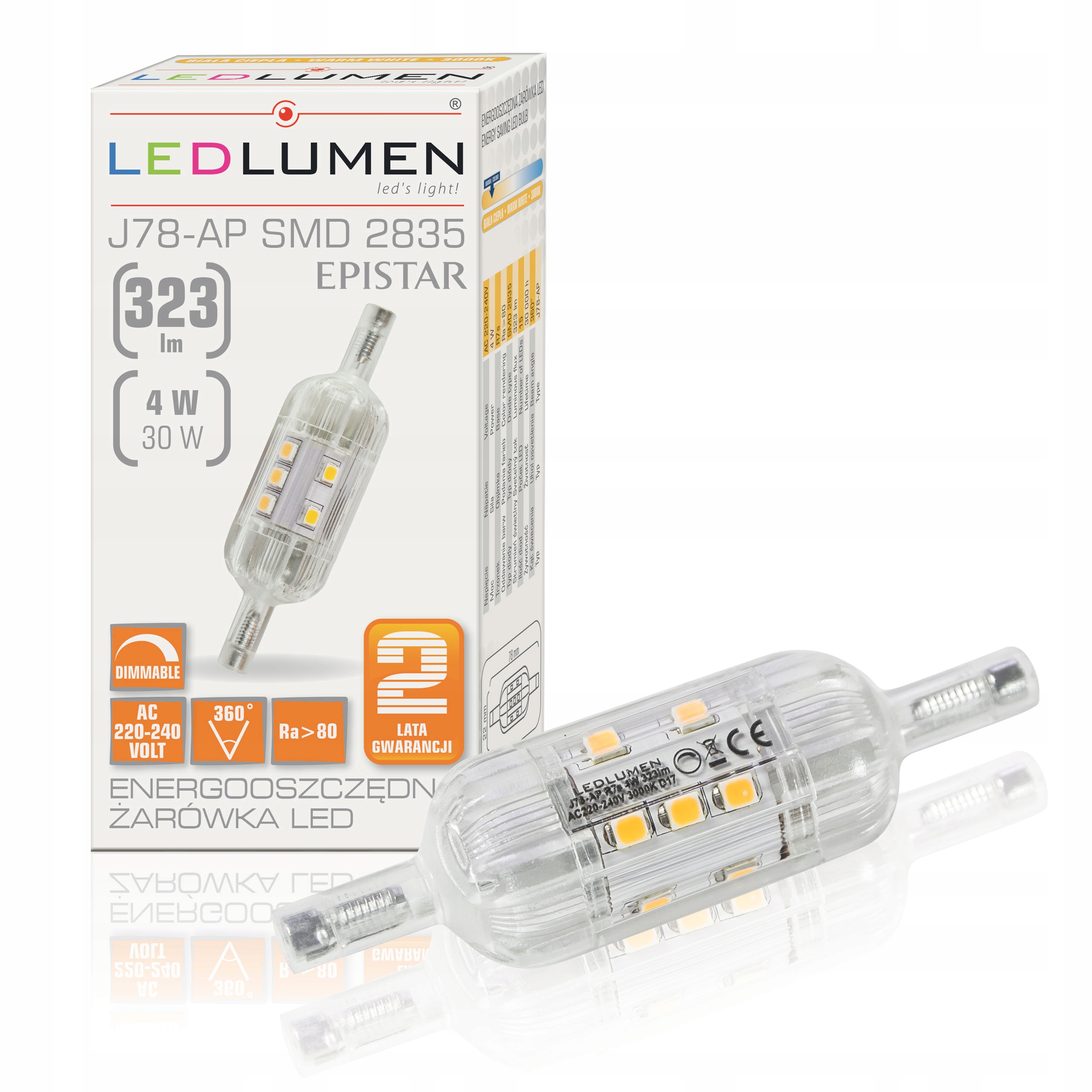 Żarówka Żarnik LED J78 R7s 4W=30W SMD 323lm 360° Ciepła Ściemnialna ...