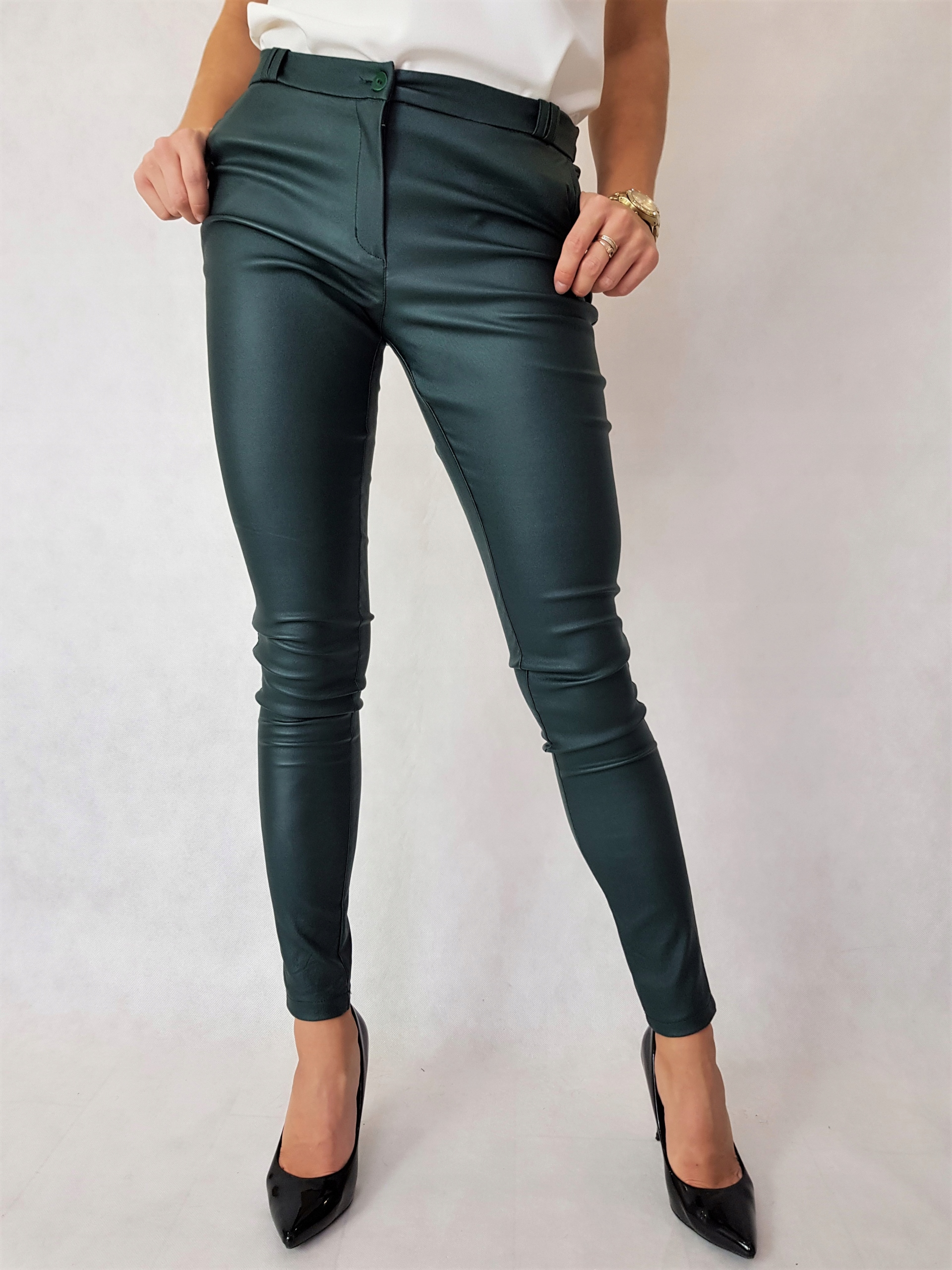 Spodnie Damskie Skórzane Eleganckie Zielone 42 - 7918503936 - oficjalne ...