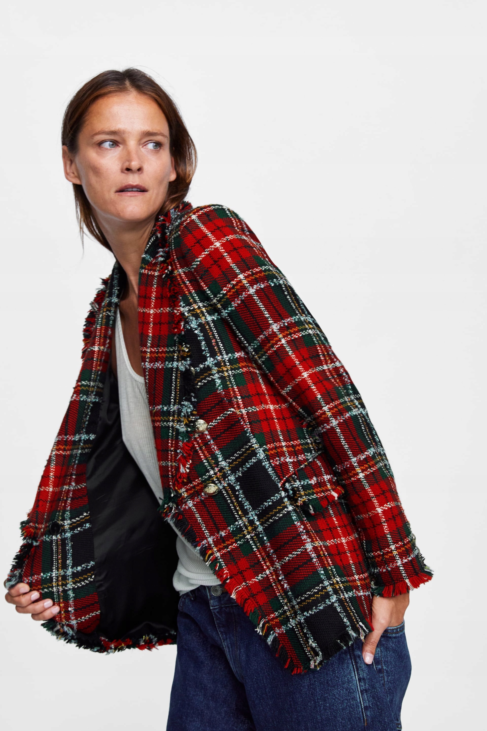 ZARA - TWEEDOWA MARYNARKA W KRATKĘ L - 7593167633 - oficjalne archiwum ...