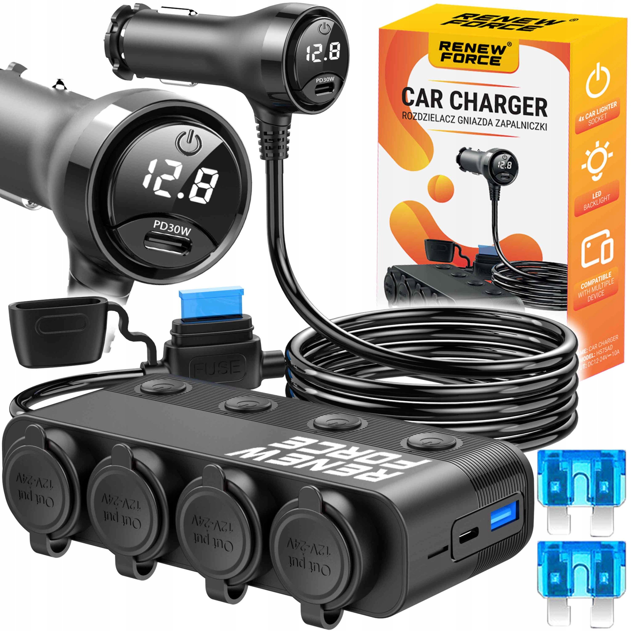 ROZDZIELACZ GNIAZDA ZAPALNICZKI 12V 24V 3x USB ŁADOWARKA SAMOCHODOWA QC 3.0 5905370225174 za 88 ...