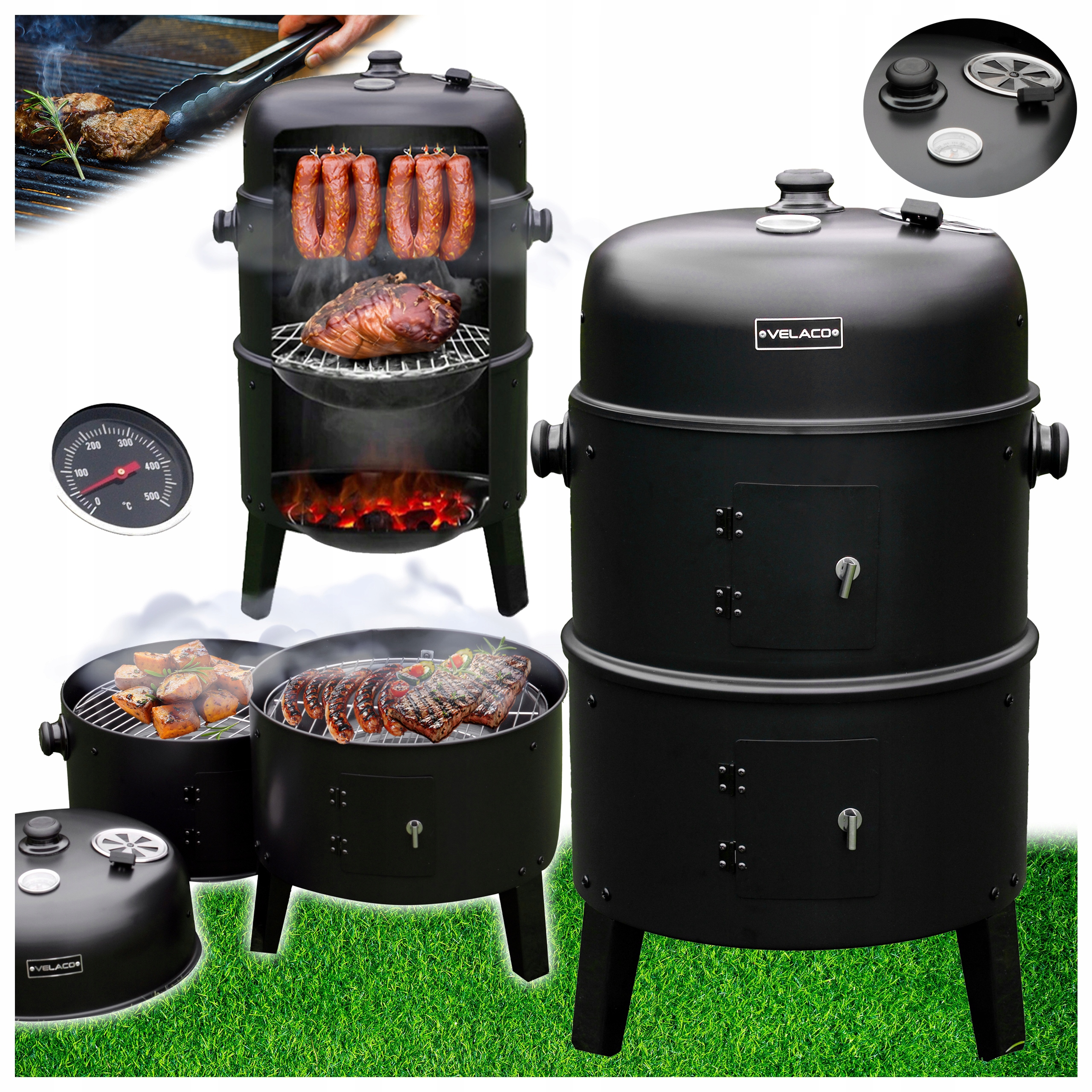 GRILL OGRODOWY WĘGLOWY WĘDZARNIA OGRODOWA Z TERMOMETREM 3W1 VL12 ...