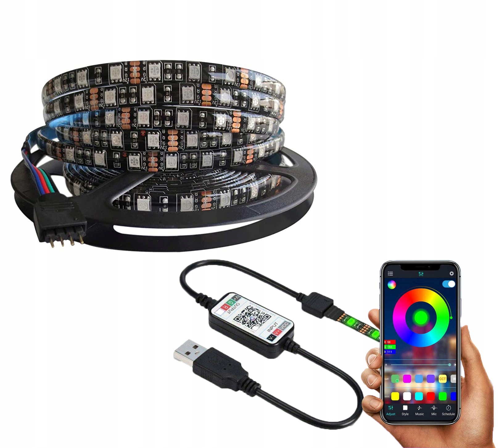 Taśma LED DO TV 5M RGB 5050 Ledy APLIKACJA Bluetooth POD USB CZARNA ...
