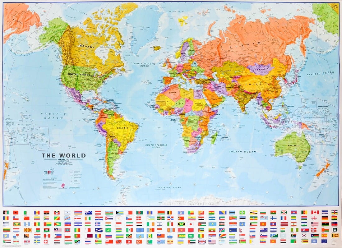 ŚWIAT 1:30 000 000 MAPA ŚCIENNA POLITYCZNA Z FLAGAMI RURKI PCV MAPS ...