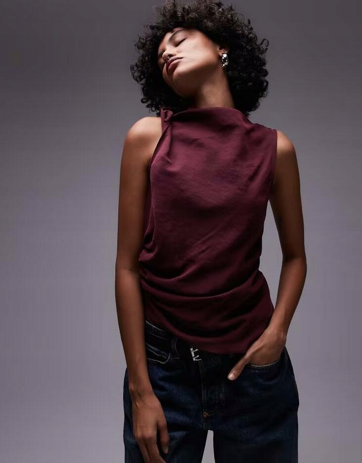 TOPSHOP BORDOWY TOP BEZ RĘKAWÓW MARSZCZENIA JFY LT6__S • Cena, Opinie ...