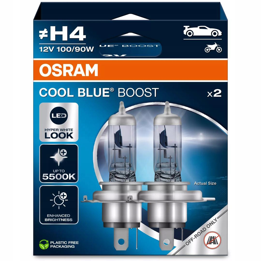 ŻARÓWKI OSRAM H4 COOL BLUE HYPER BOOST 5500K WHITE LED LOOK 12V 100/90W ...