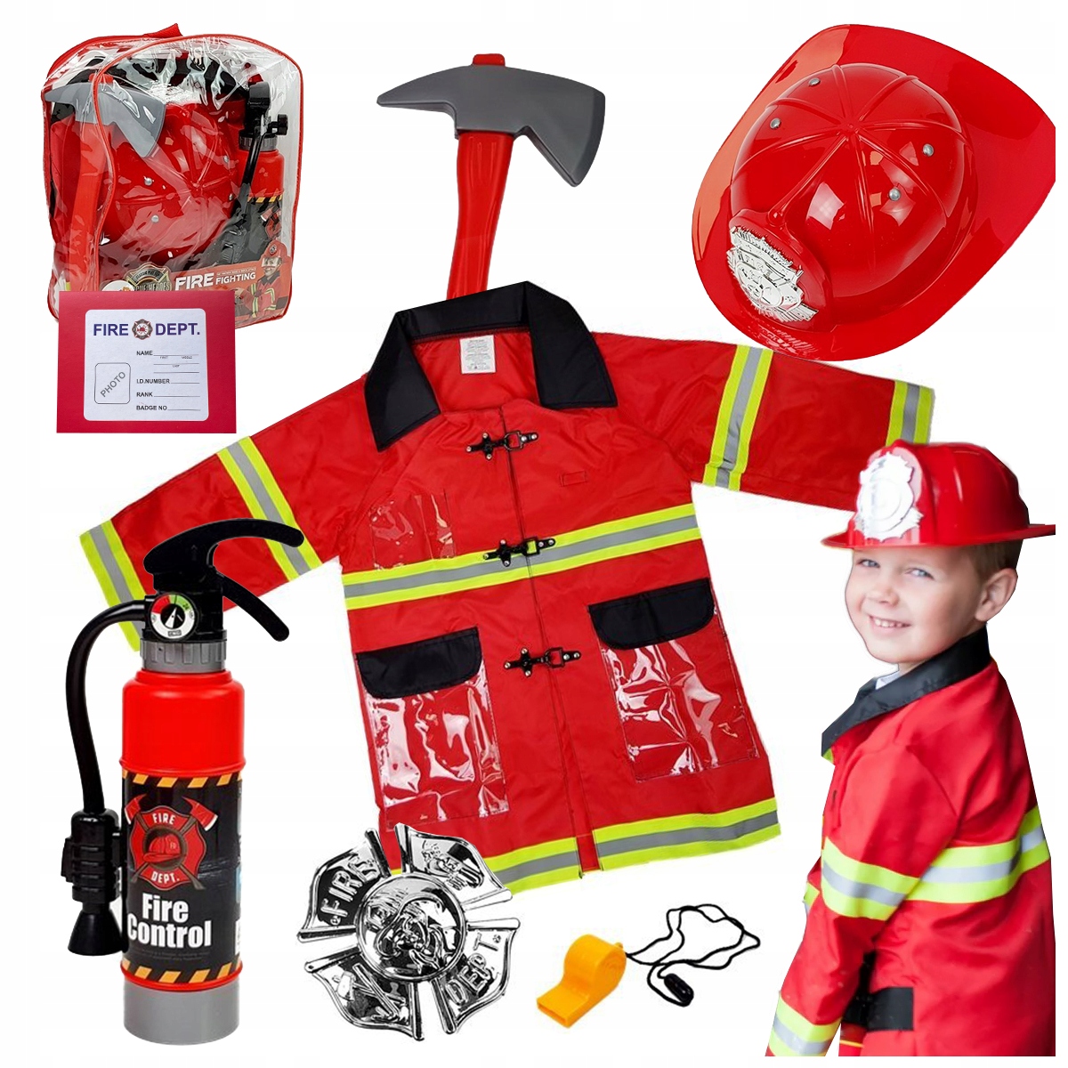 STRÓJ STRAŻAKA dla dziecka KASK GAŚNICA ODBLASKI STRAŻ POŻARNA Na ...