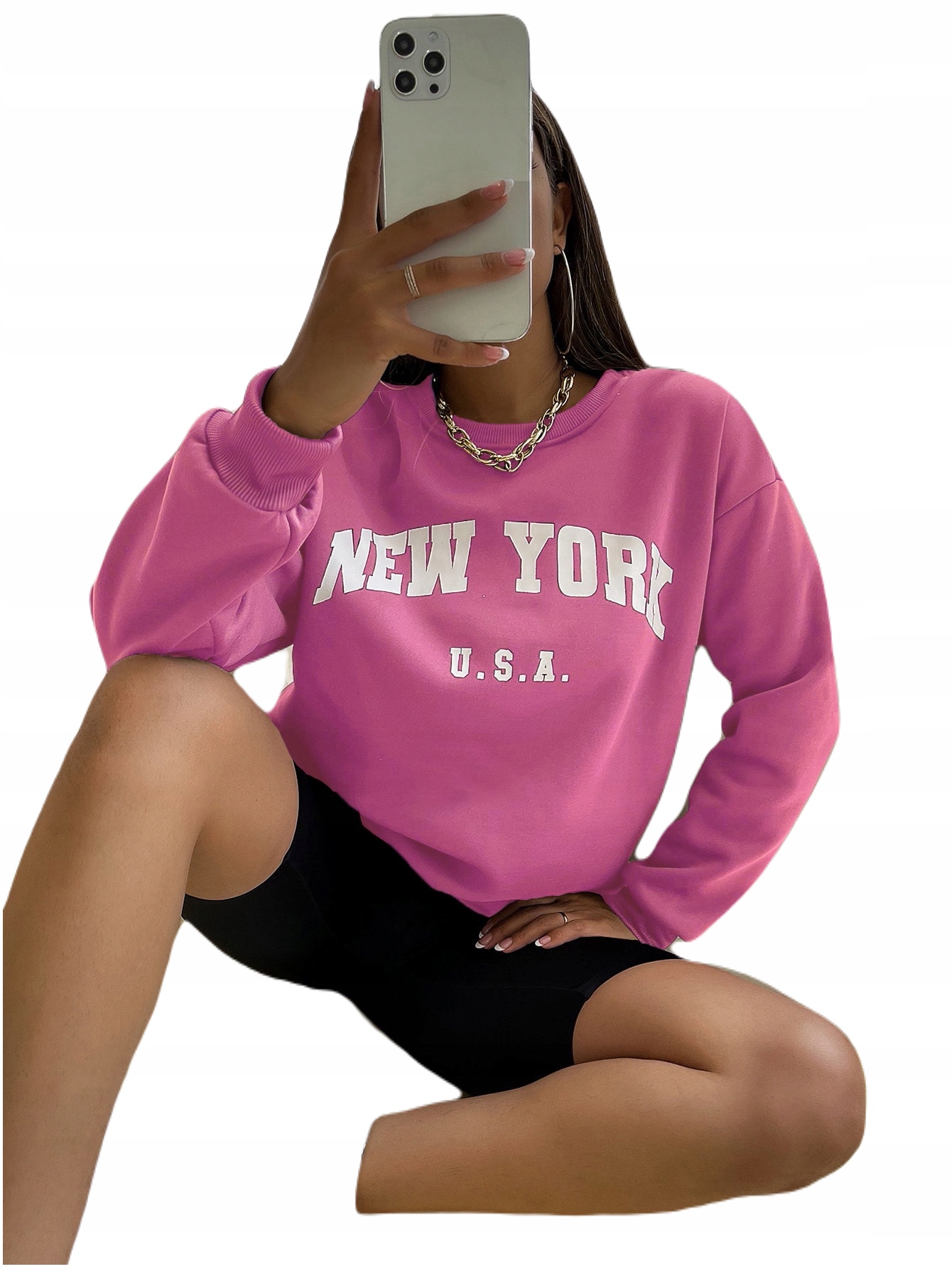 ELEGANCKA BLUZA DAMSKA NAPIS NEW YORK USA BEZ KAPTURA LONGSLEEVE MODNA ...