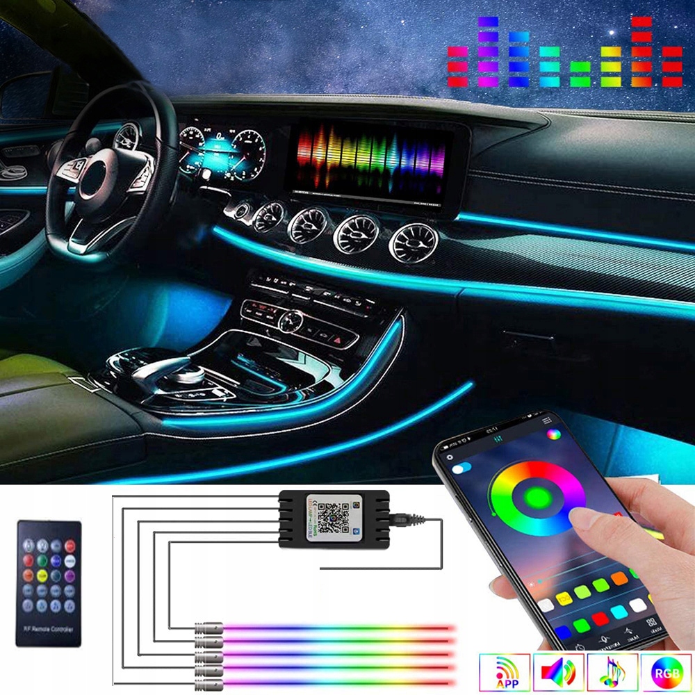 LEDY DO SAMOCHODU AUTA TAŚMY PASKI LED RGB AMBIENT ZAROWKA LAMPA ZESTAW 6m 5905255217690 za 98 ...