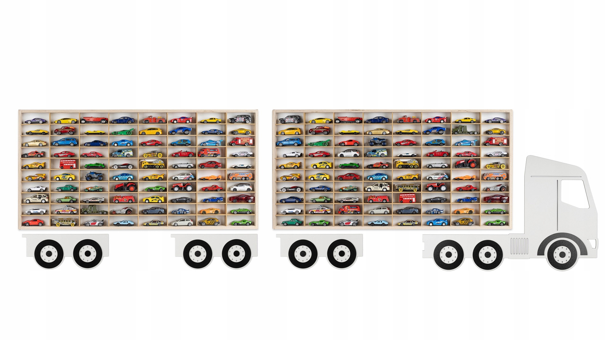 POLIČKA TIR NA AUTÍČKA 80 PŘIHRÁDEK DŘEVĚNÁ HOT WHEELS SET + PŘÍVĚS ...