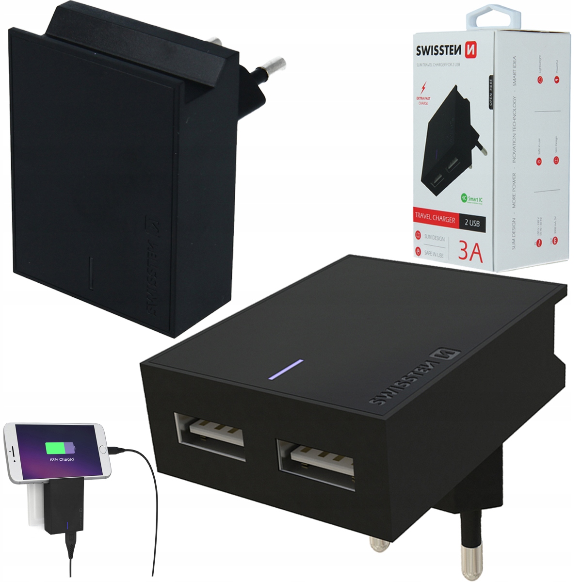 SWISSTEN Ładowarka podróżna adapter 2x USB 3A SLIM podstawka na telefon ...