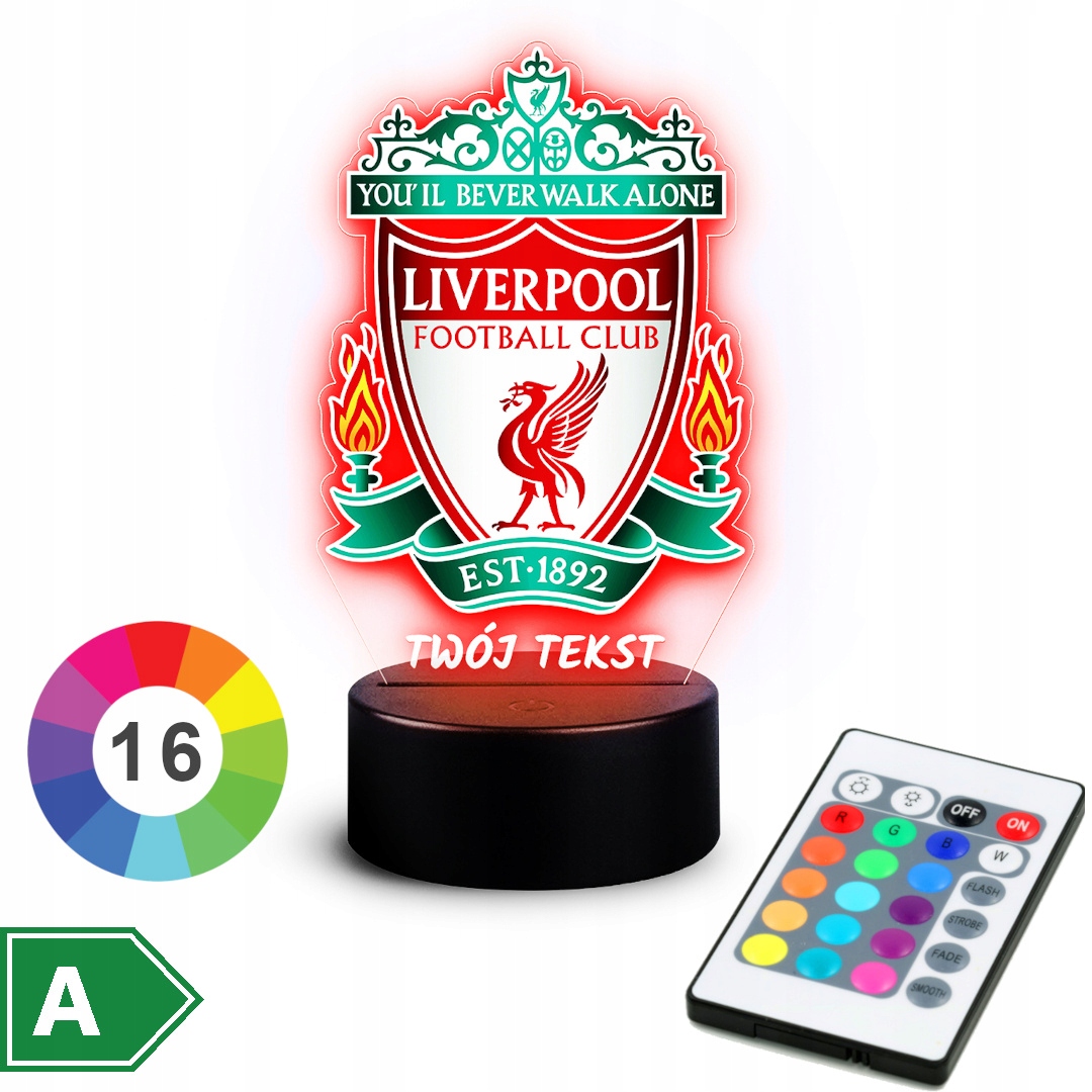 LAMPKA NOCNA LED 3D Piłka Nożna Liverpool NAPIS IMIE PREZENT ...