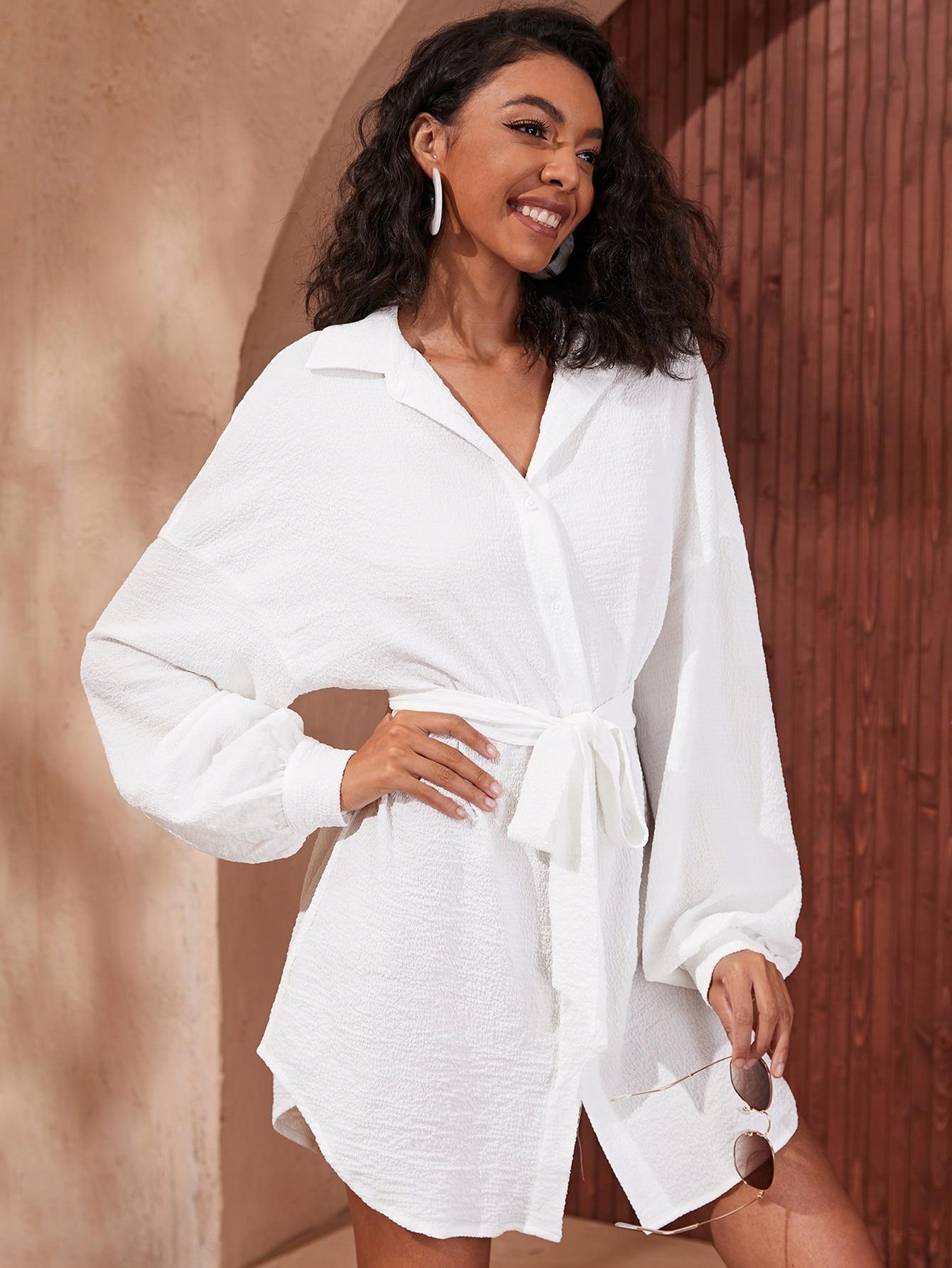 B0A201 BIAŁA SUKIENKA KOSZULOWA DŁUGI RĘKAW Z PASKIEM SHEIN M 16948446502 - Allegro.pl