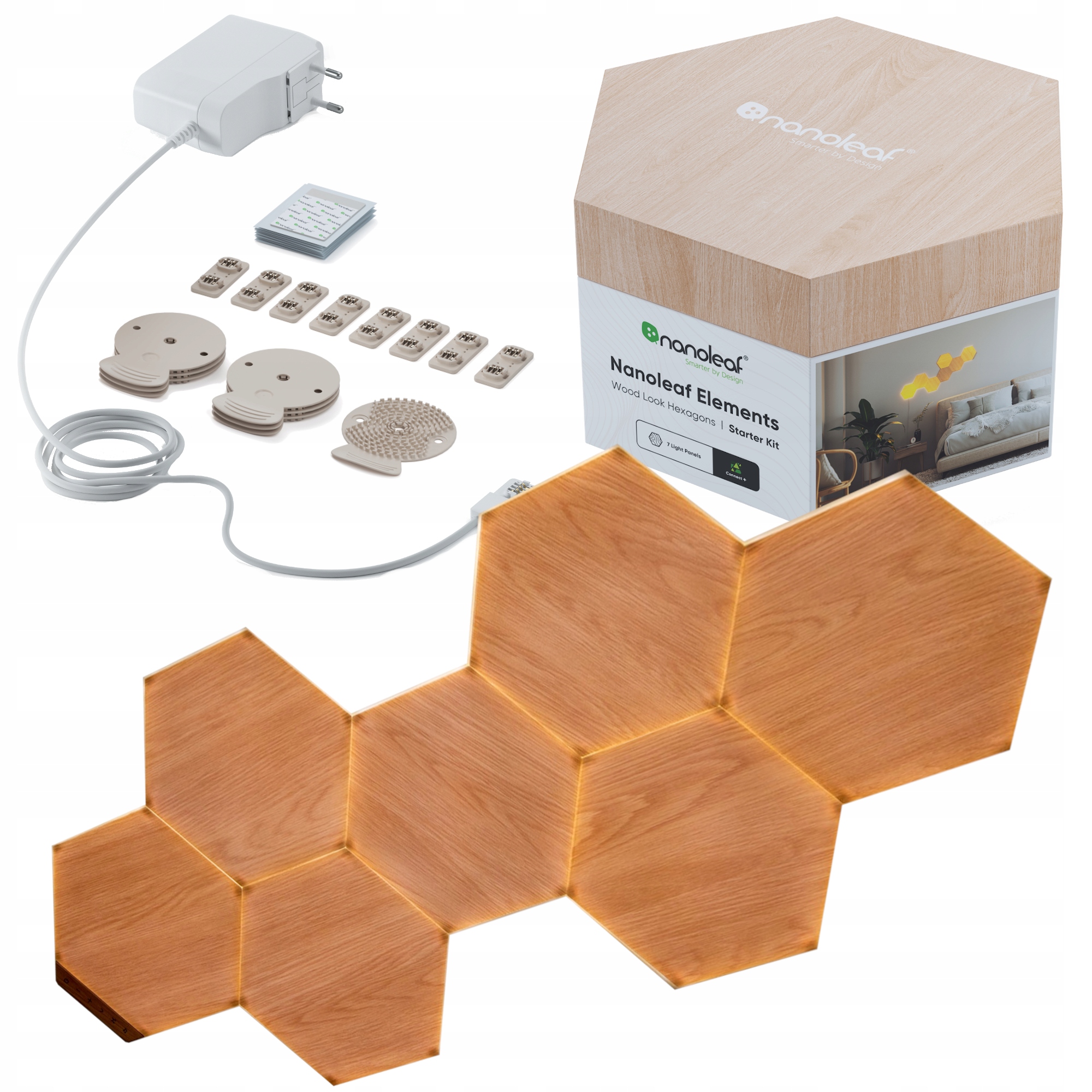 Nanoleaf Elements Hexagons sada 7 LED světelných panelů vzhled dřeva za ...