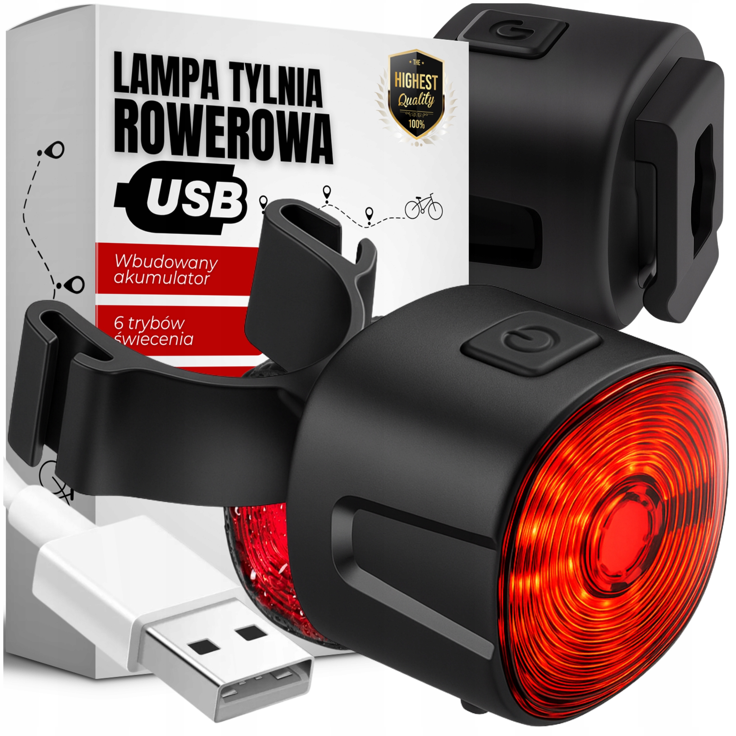 LAMPKA ROWEROWA TYLNA LED CZERWONA LAMPA NA TYŁ ROWERU MOCNA USB 6 ...
