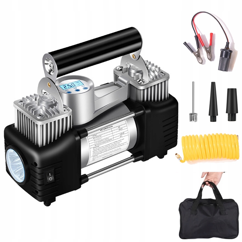 KOMPRESOR DO AUTA DVOUPÍSTOVÝ S LCD DISPLEJEM SVÍTILNA 12V 200W za 824 ...