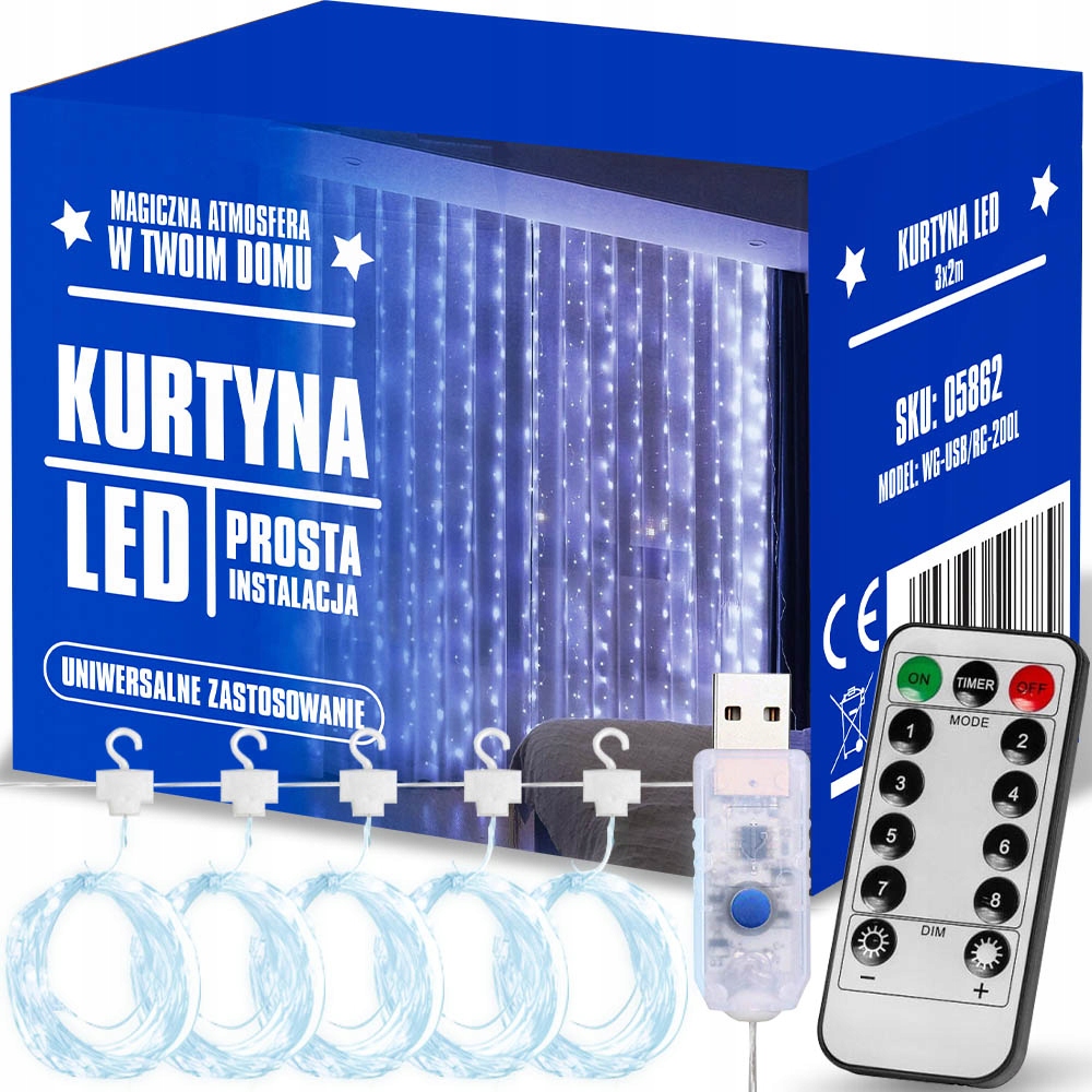 KURTYNA ŚWIETLNA LED LAMPKI ŚWIĄTECZNE CHOINKOWE GIRLANDA USB PILOT 3M (5903933527789) • Cena ...