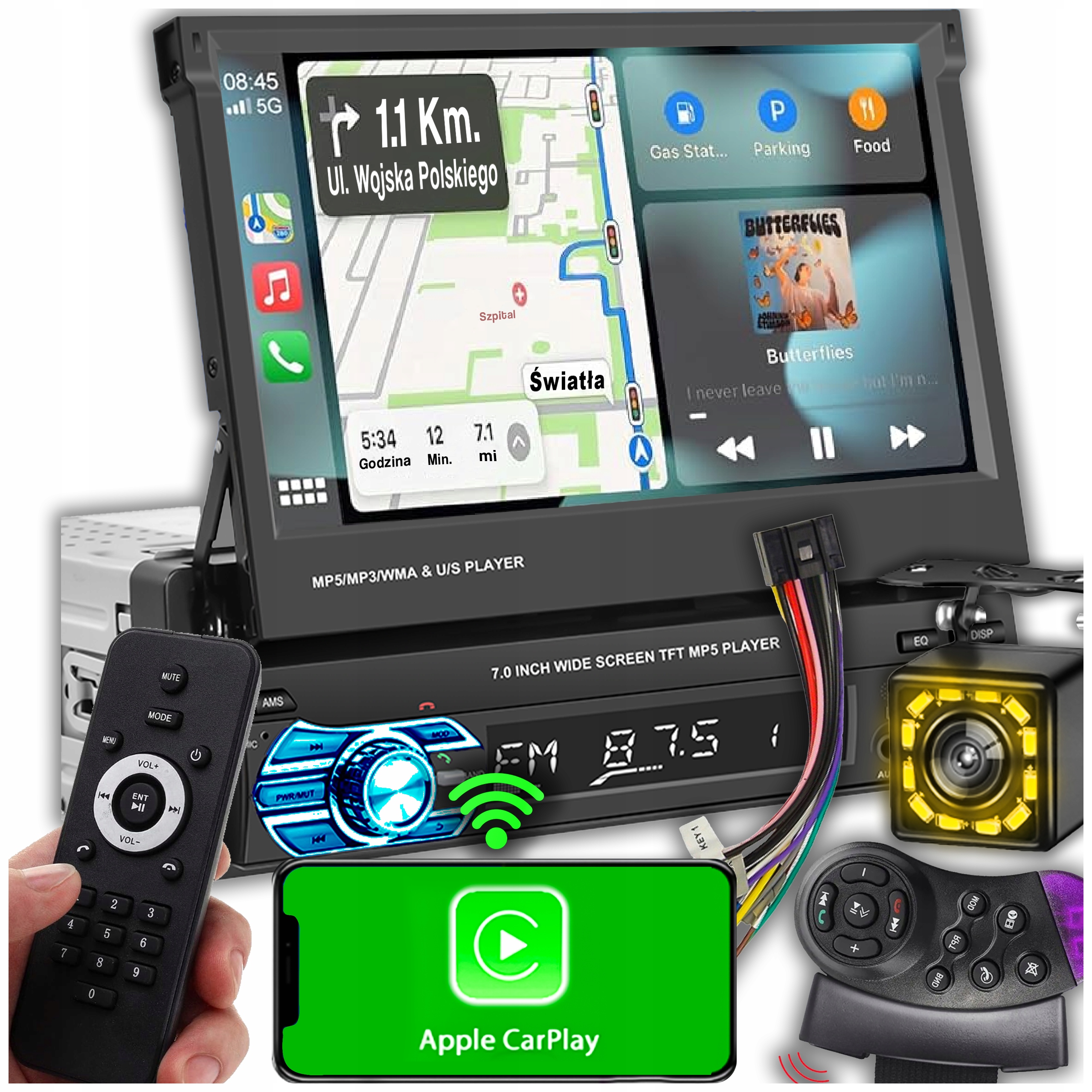 RADIO SAMOCHODOWE 1DIN 7'' BT WYSUWANY EKRAN DOTYKOWY MIRROR LINK ...