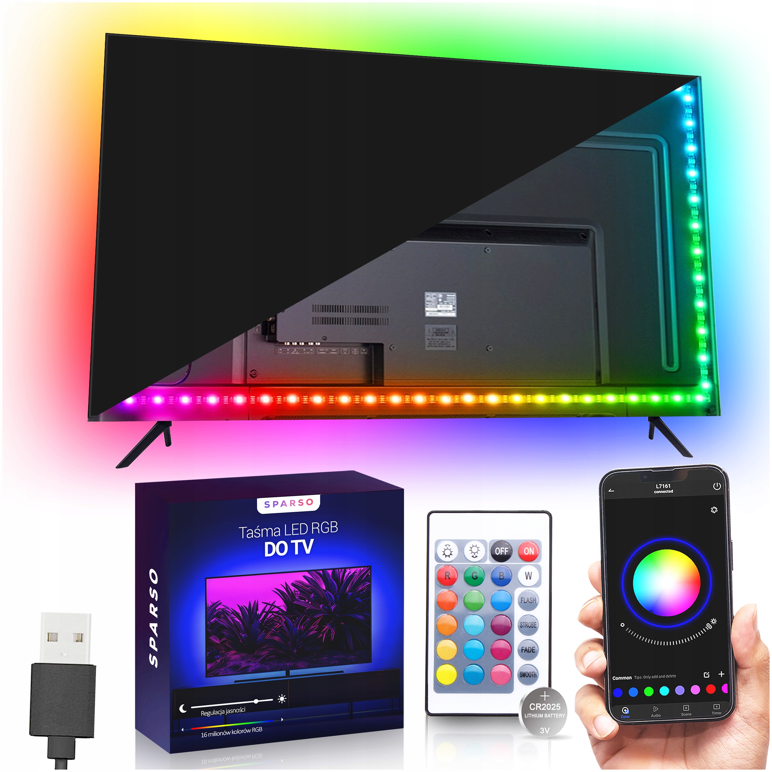 Taśma LED USB do TV RGB 5M Ledy do Telewizora Podświetlenie APLIKACJA ...
