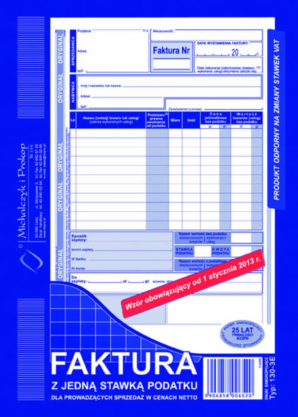 Faktura VAT z jedną stawką podatku w cenach brutto (130-3E) • Cena ...