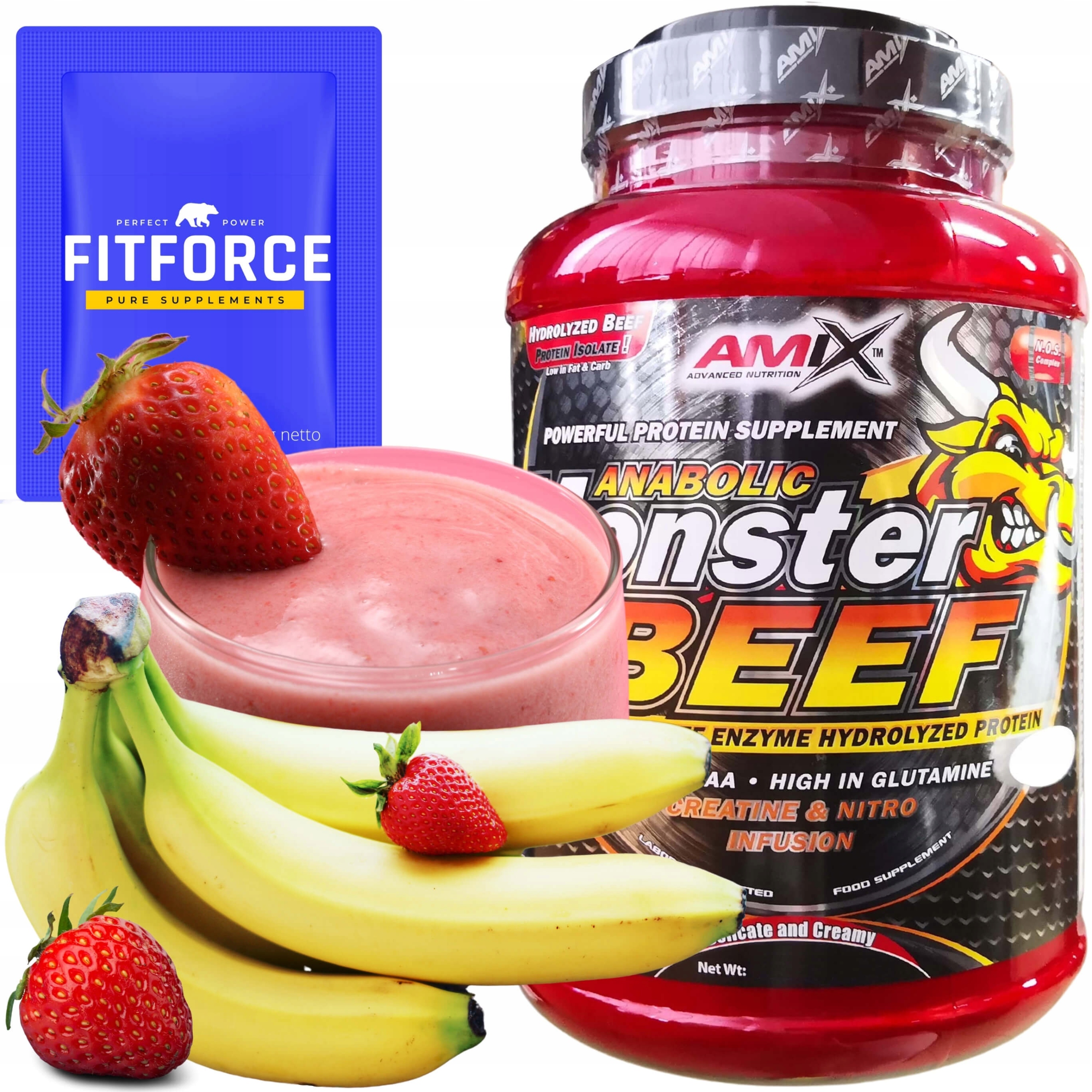 AMIX ANABOLIC MONSTER BEEF PROTEIN 90% BIAŁKO Wołowe 2.2kg Truskawka ...