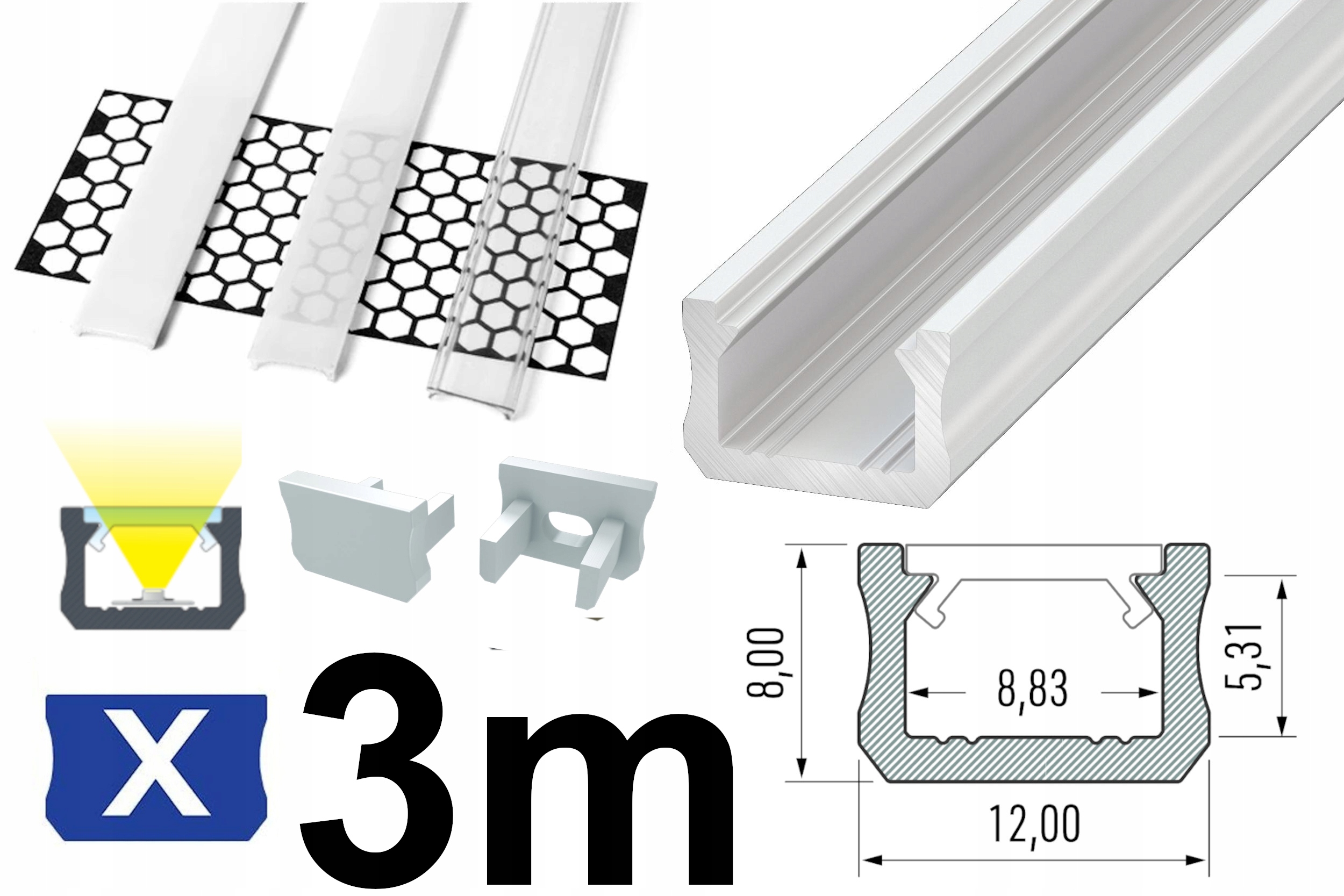 PROFIL LED 3M ALU DO TAŚM 12mm WĄSKI TYP X BIAŁY 3M + KLOSZ + ZAŚLEPKI ...