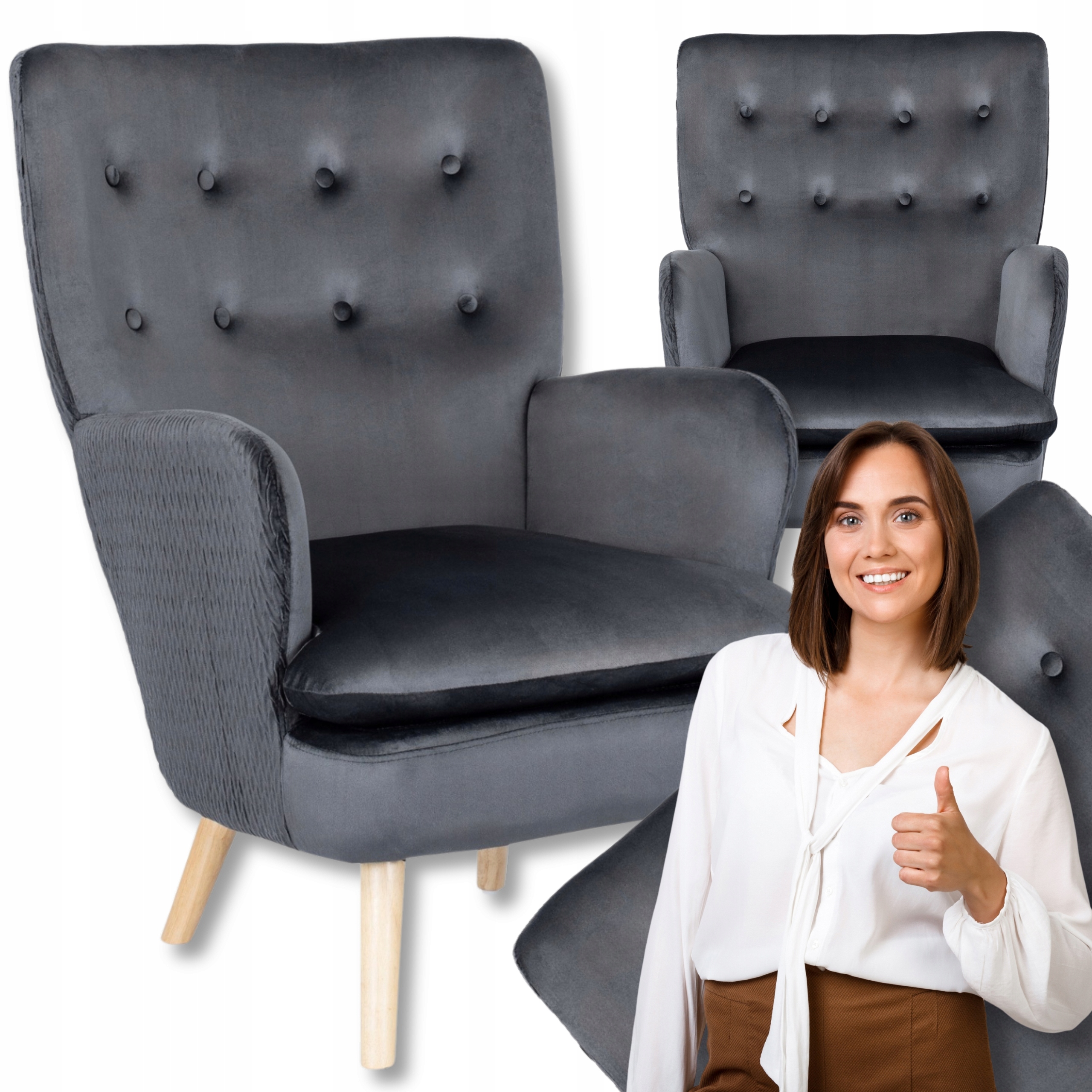 Fotel Wypoczynkowy Welurowy Uszak Do Salonu Loft Tapicerowany Szary ...