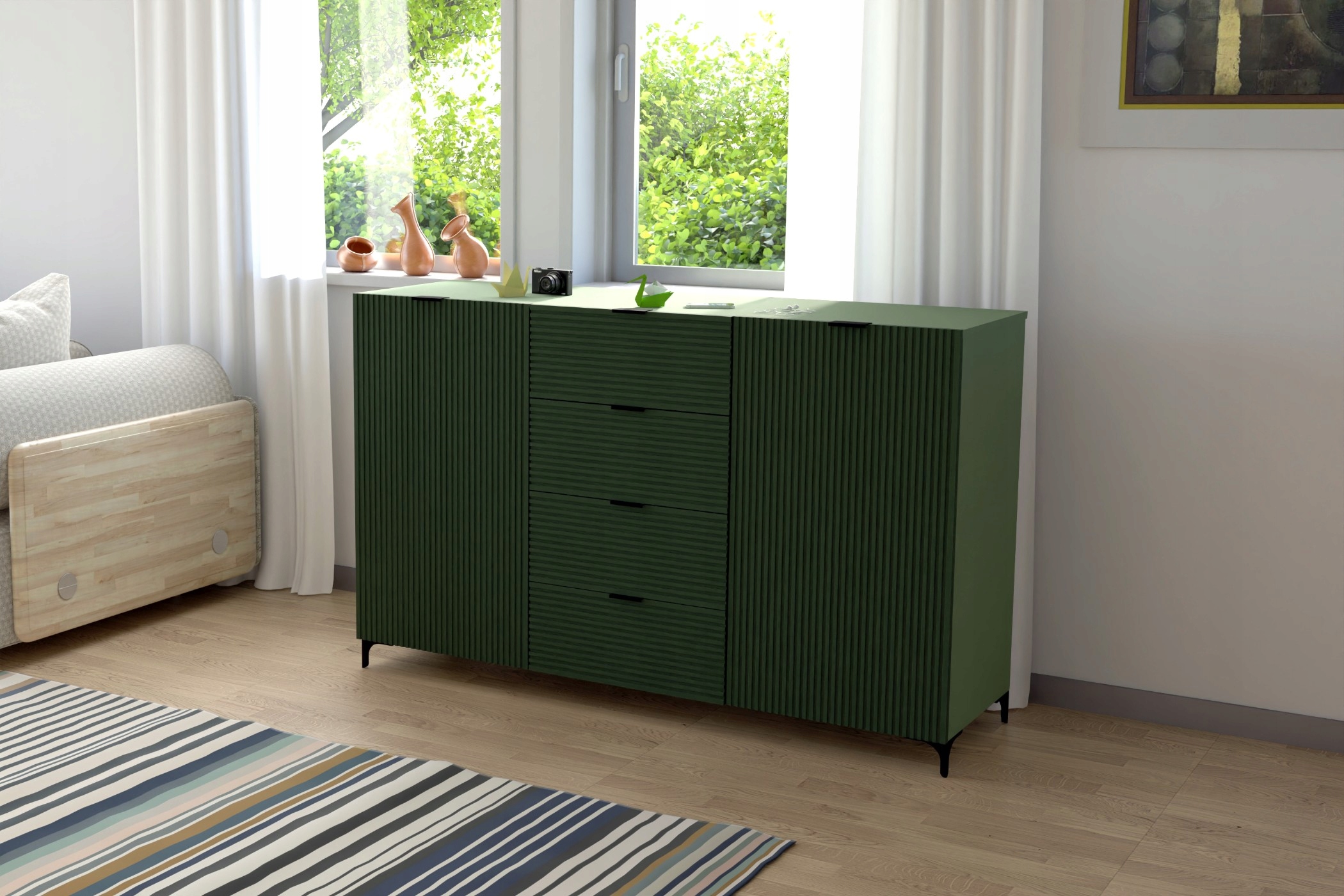 KOMODA BEAU RYFLOWANA ZIELONA BIAŁA 150 CM 4 SZUFL (BEAU) • Cena ...