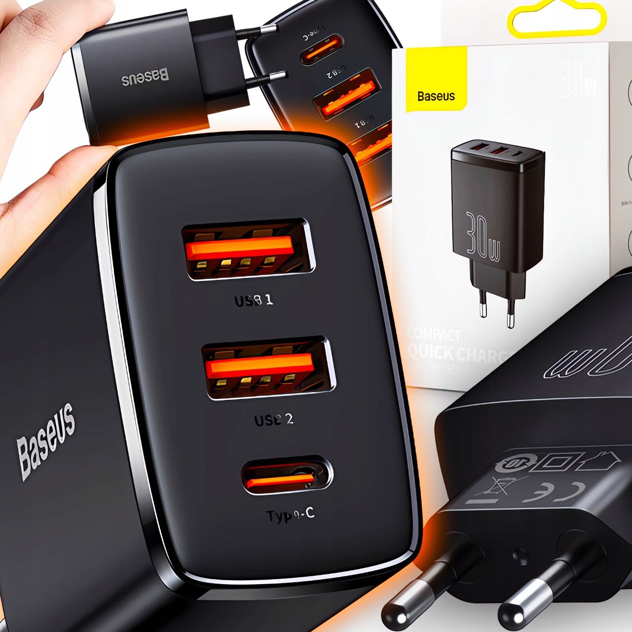 BASEUS SZYBKA ŁADOWARKA SIECIOWA DO TELEFONU 3X USB USB-C 30W PD QC 3.0 AFC - Sklep, Opinie ...