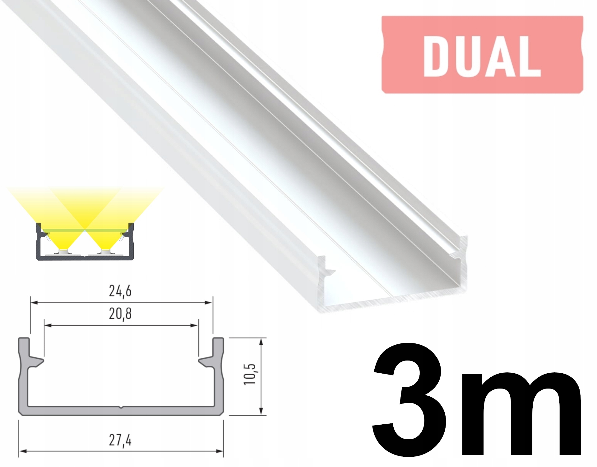 PROFIL LED DUAL 3m SZEROKI NA DWIE TAŚMY LED DUAL BIAŁY 3M (RAL9016 ...