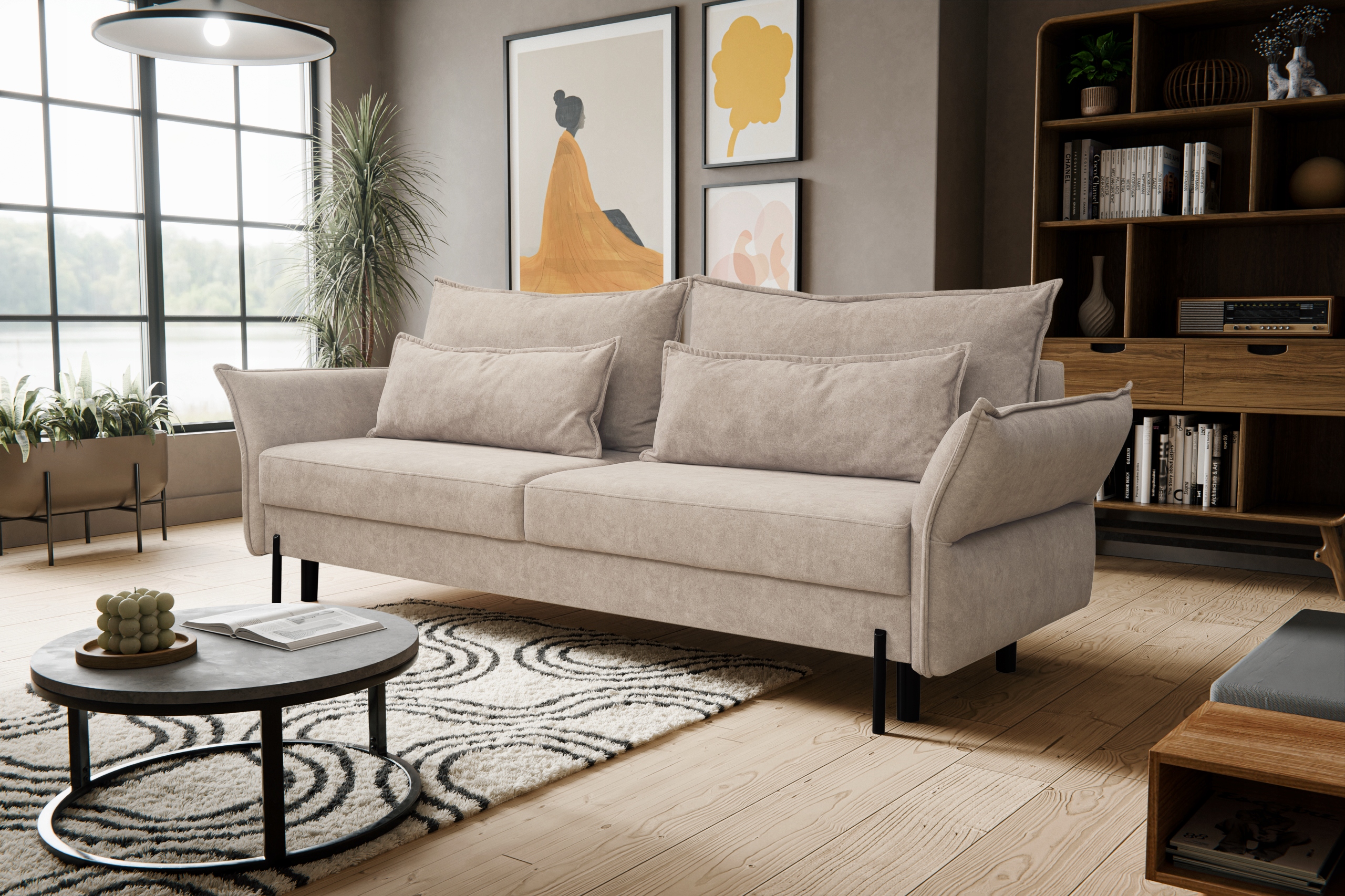 Rozkładana beżowa sofa z nowoczesnymi podłokietnikami Vilio • Cena ...