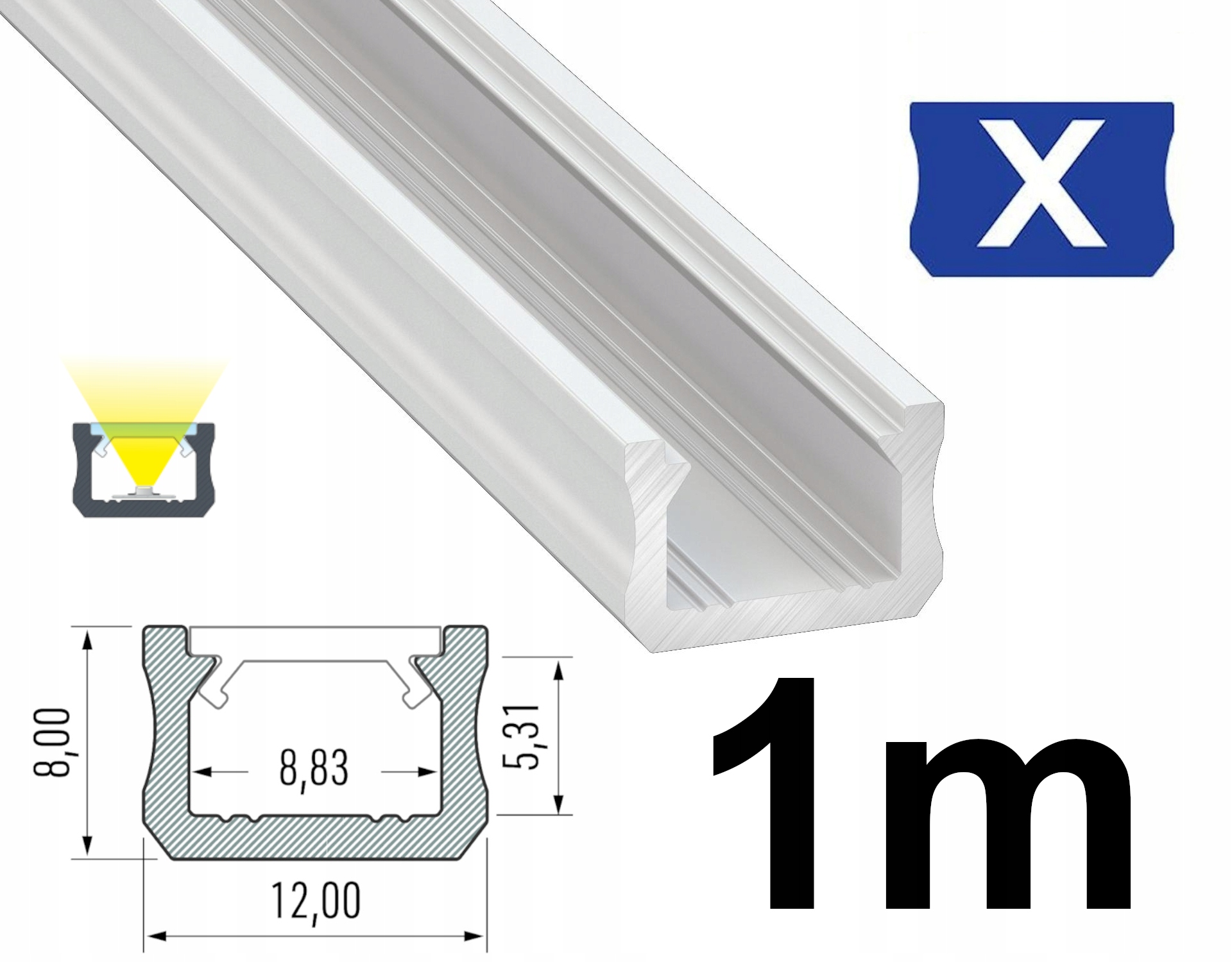 PROFIL LED ALU DO TAŚM 12mm WĄSKI TYP X BIAŁY 1M (PROFIL DO LED TYP X ...