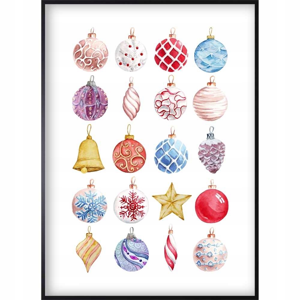 PLAKAT 50x70 OBRAZ ŚWIĄTECZNY ŚWIĘTA KOLOROWE BOMBKI OZDOBY CHOINKA ...