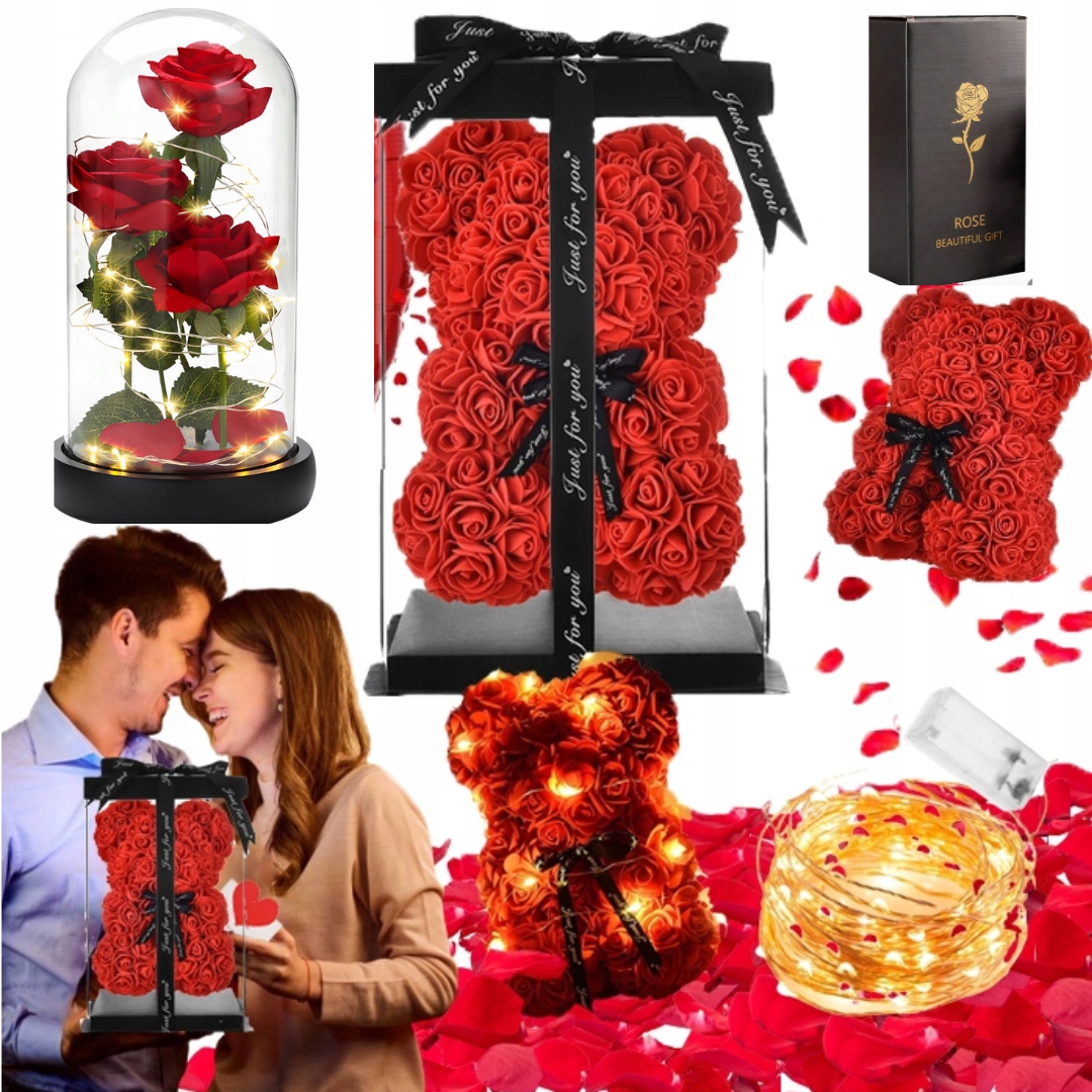 MEDVÍDEK Z RŮŽÍ V KRABIČCE 25 CM OKVĚTNÍ LÍSTKY RŮŽE DÁREK PRO NI ...