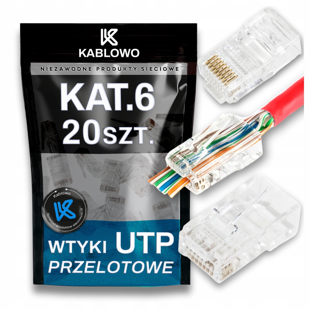 WTYK RJ45 KOŃCÓWKI WTYCZKA WTYKI 20X 8P8C UTP CAT KAT.6 PRZELOTOWE ...