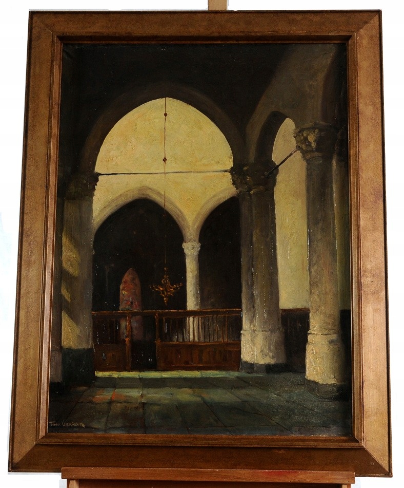 TOON VERPLAK (1901-1966) "WNĘTRZE KATEDRY" PRZEPIĘKNY STARY OBRAZ ...