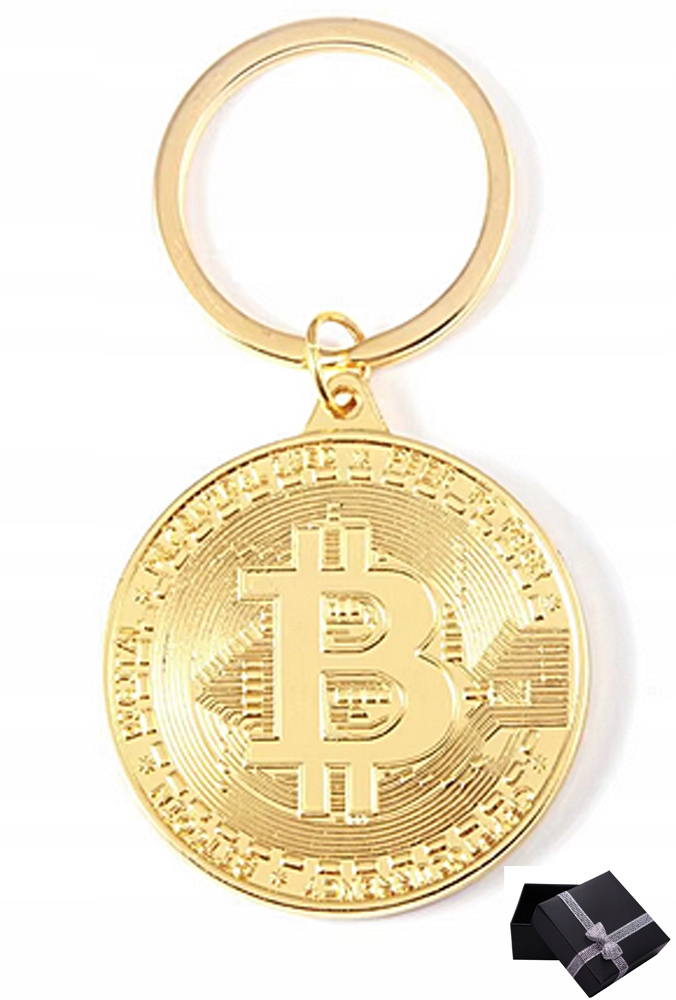 BRELOK BITCOIN MONETA ZŁOTA GOLD PUDEŁKO GRATIS PREZENT URODZINY C4084 ...