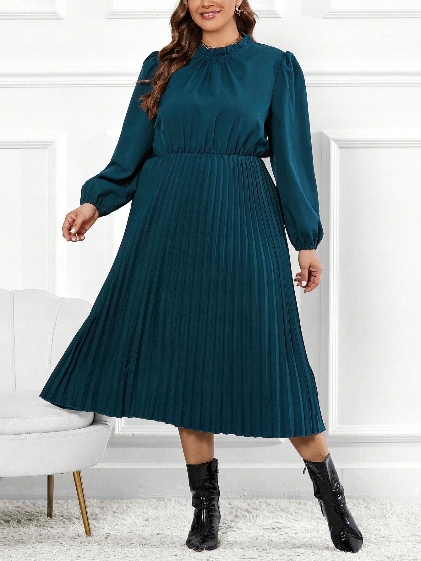 KLASYCZNA PLISOWANA SUKIENKA MIDI ROZKLOSZOWANA DŁUGI RĘKAW SHEIN 50 • Cena, Opinie • Sukienki ...