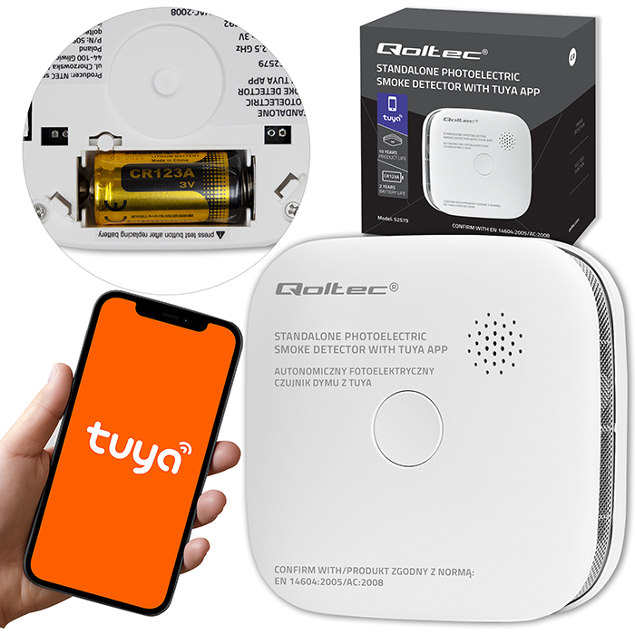 Czujnik dymu Qoltec WiFi TUYA Alarm 85dB LED Smart Home Certyfikowany ...