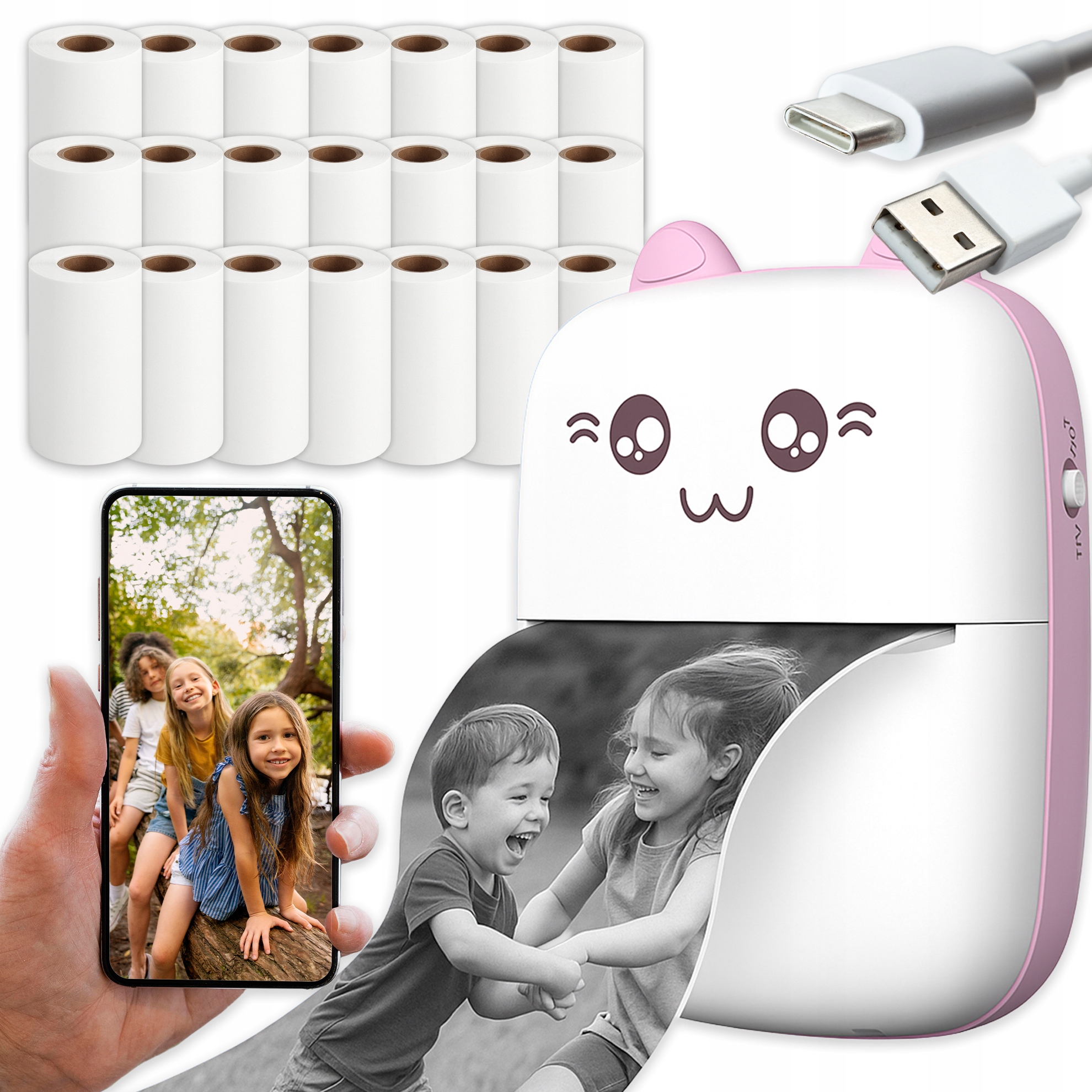 MINI TERMOTISKÁRNA DRUKUŚ ORIGINÁL PRO TISK FOTEK PŘENOSNÁ + 21 ROLEK ...