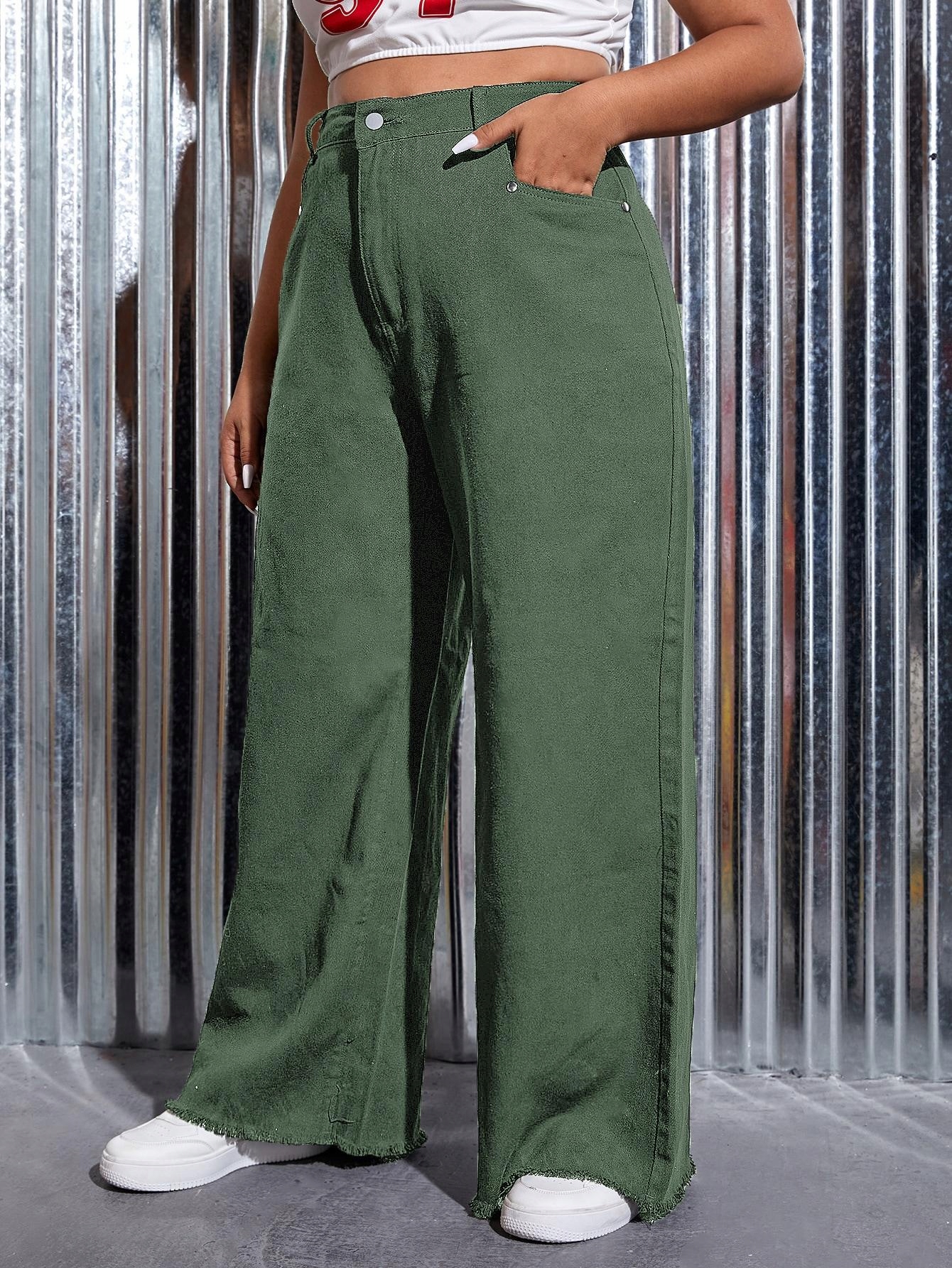 DŁUGIE PROSTE SZEROKIE ZIELONE SPODNIE JEANSY WYSOKI STAN SHEIN 48 ...