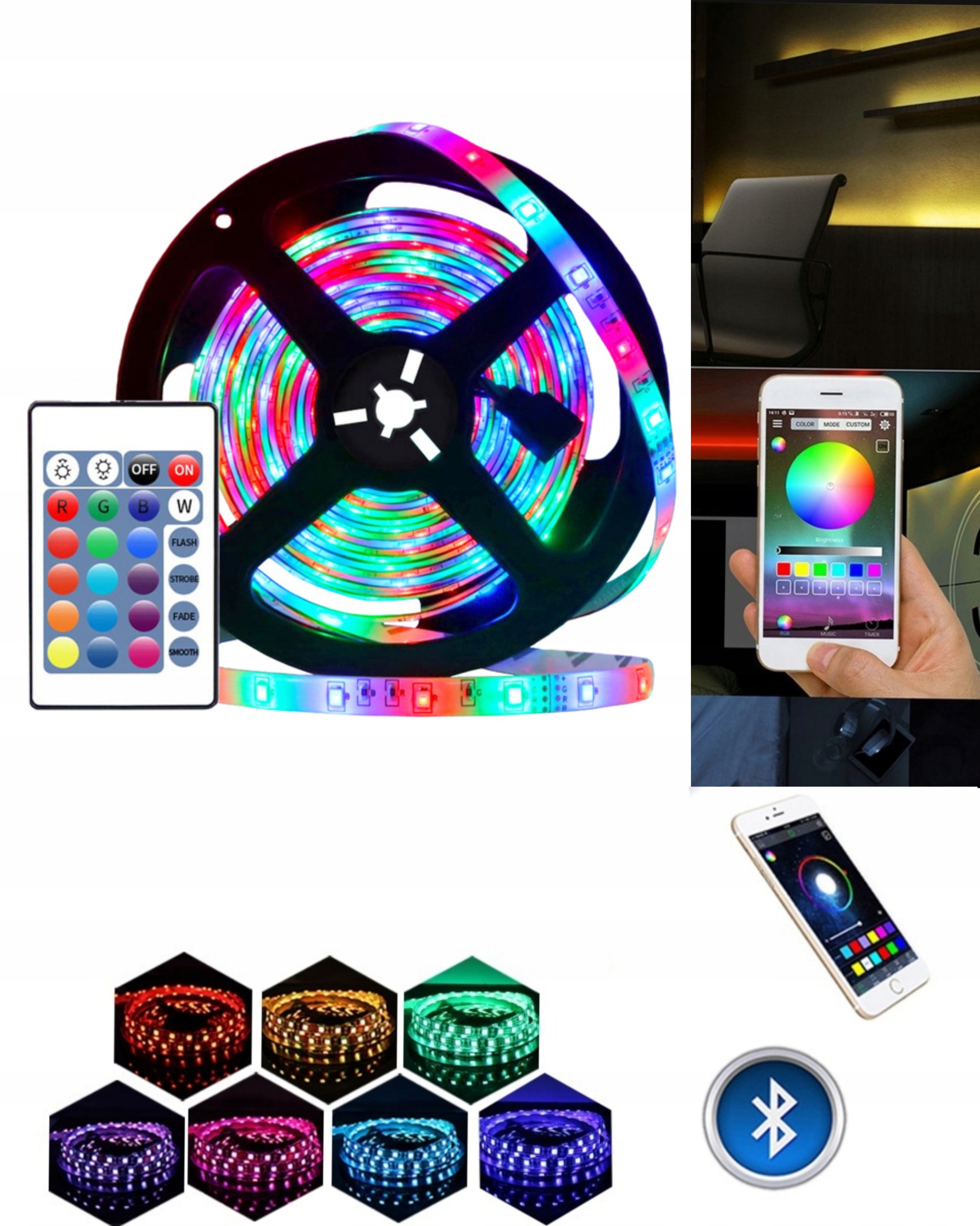TAŚMA LED RGB 5m ZEWNĘTRZNA WODOODPORNA IP65 Ledy 12v MOCNA BLUETOOTH ...