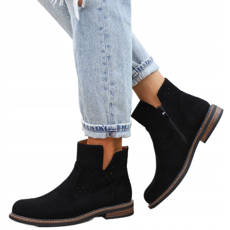 Botki czarne damskie ażurowe wiosenne skórzana wkładka na zamek A2905 r ...