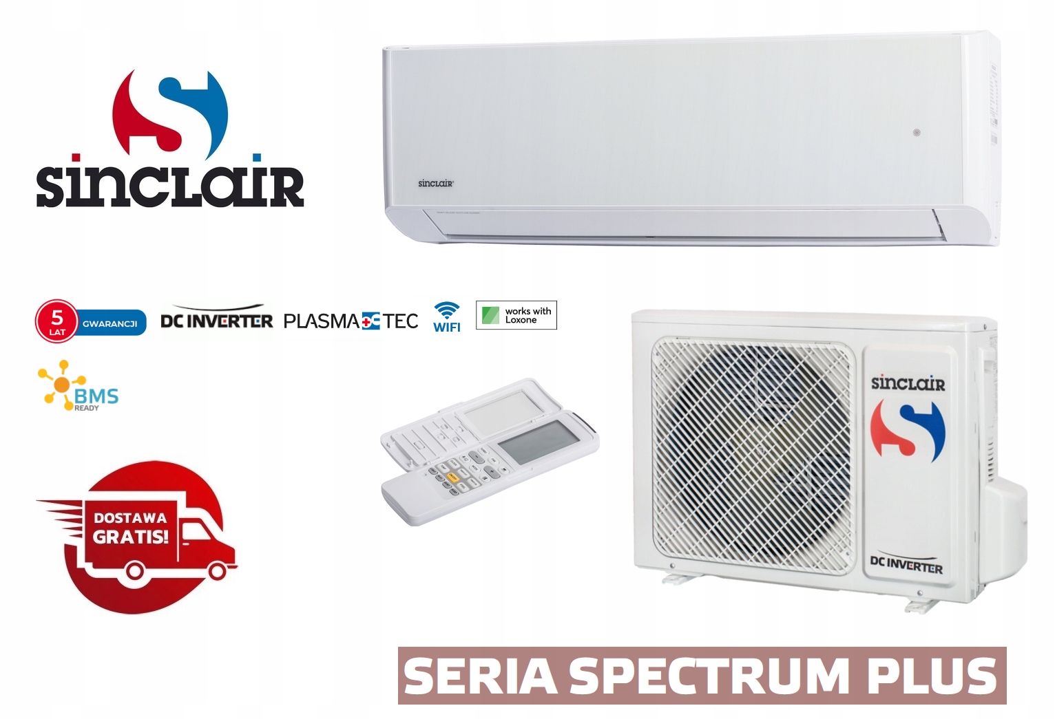Klimatyzator ścienny do grzania Sinclair Spectrum Plus moc 3,5 kW WiFi ...