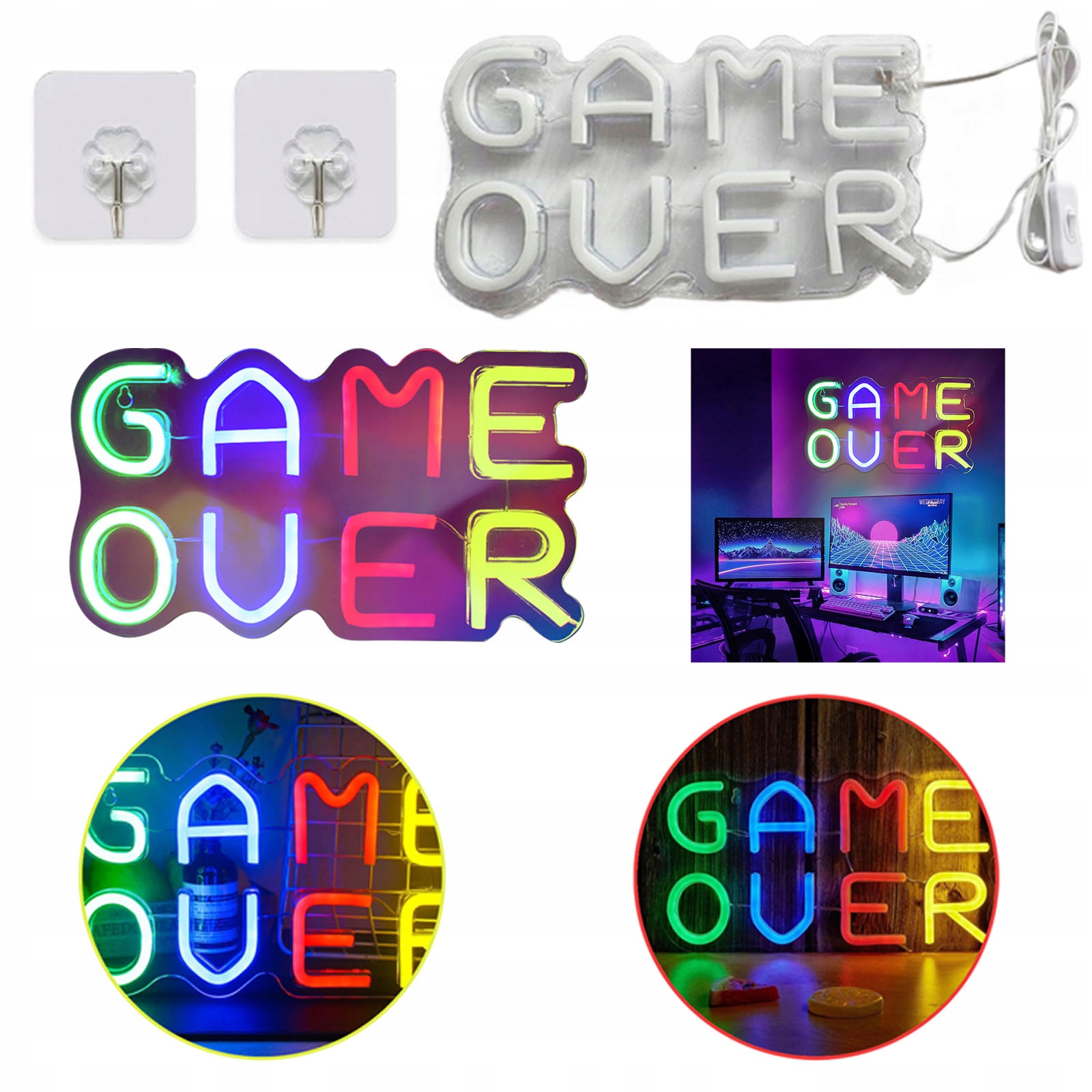 NEON LED GAME OVER DUŻY NA ŚCIANĘ USB POKÓJ GRACZA DEKORACJA PREZENT ...